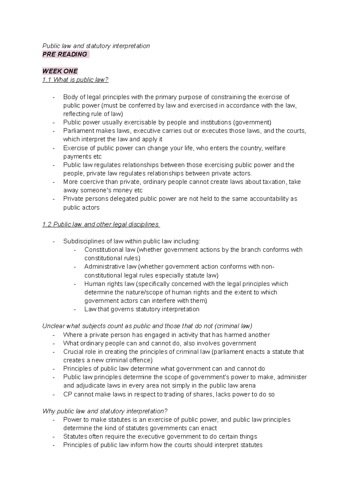 PUB LAW WEEK 1 - jhv jh - Public law and statutory interpretation PRE ...