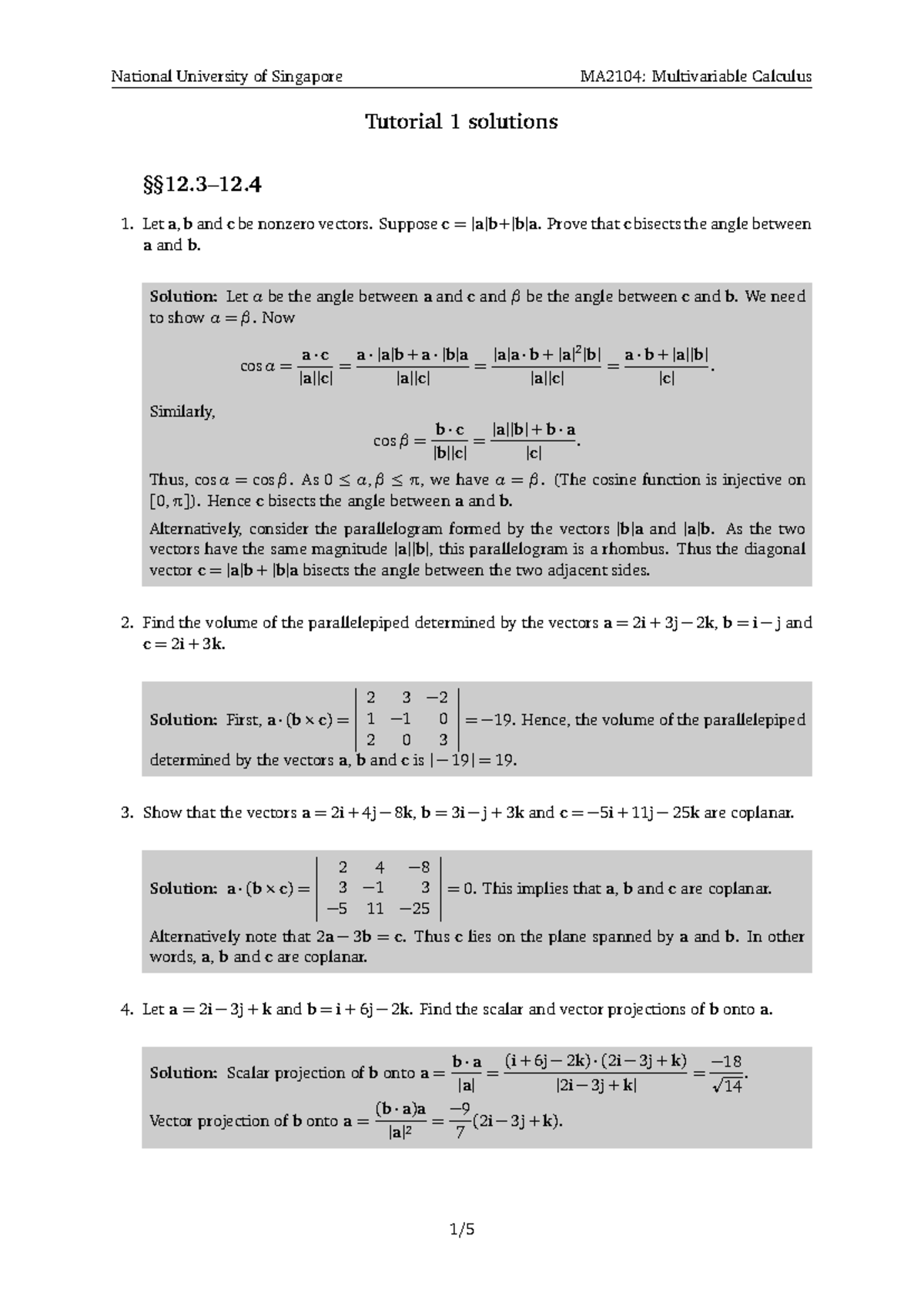 Tutorial 1 sol - Tutorial 1 solutions §§12–12. Let a, b and c be nonzero vectors. Suppose c ...