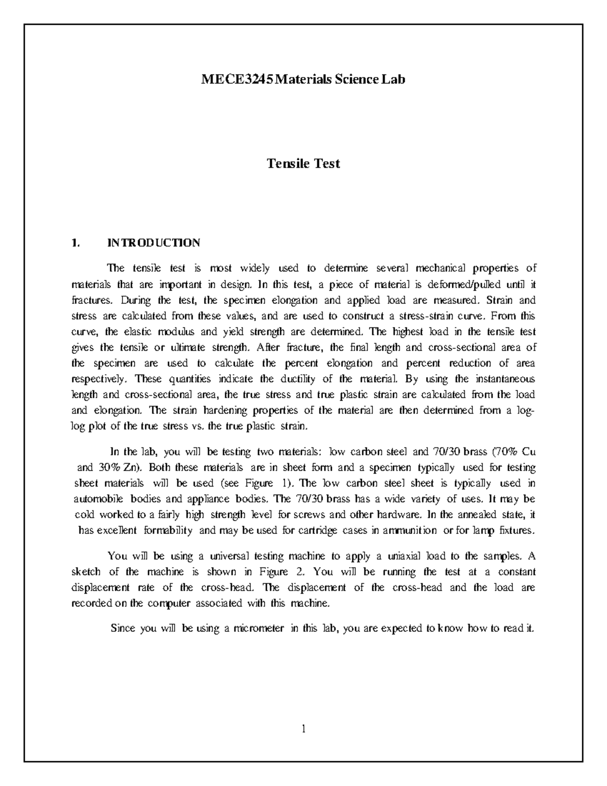 Tensile test lab manual - MECE3245 Materials Science Lab Tensile Test 1 ...