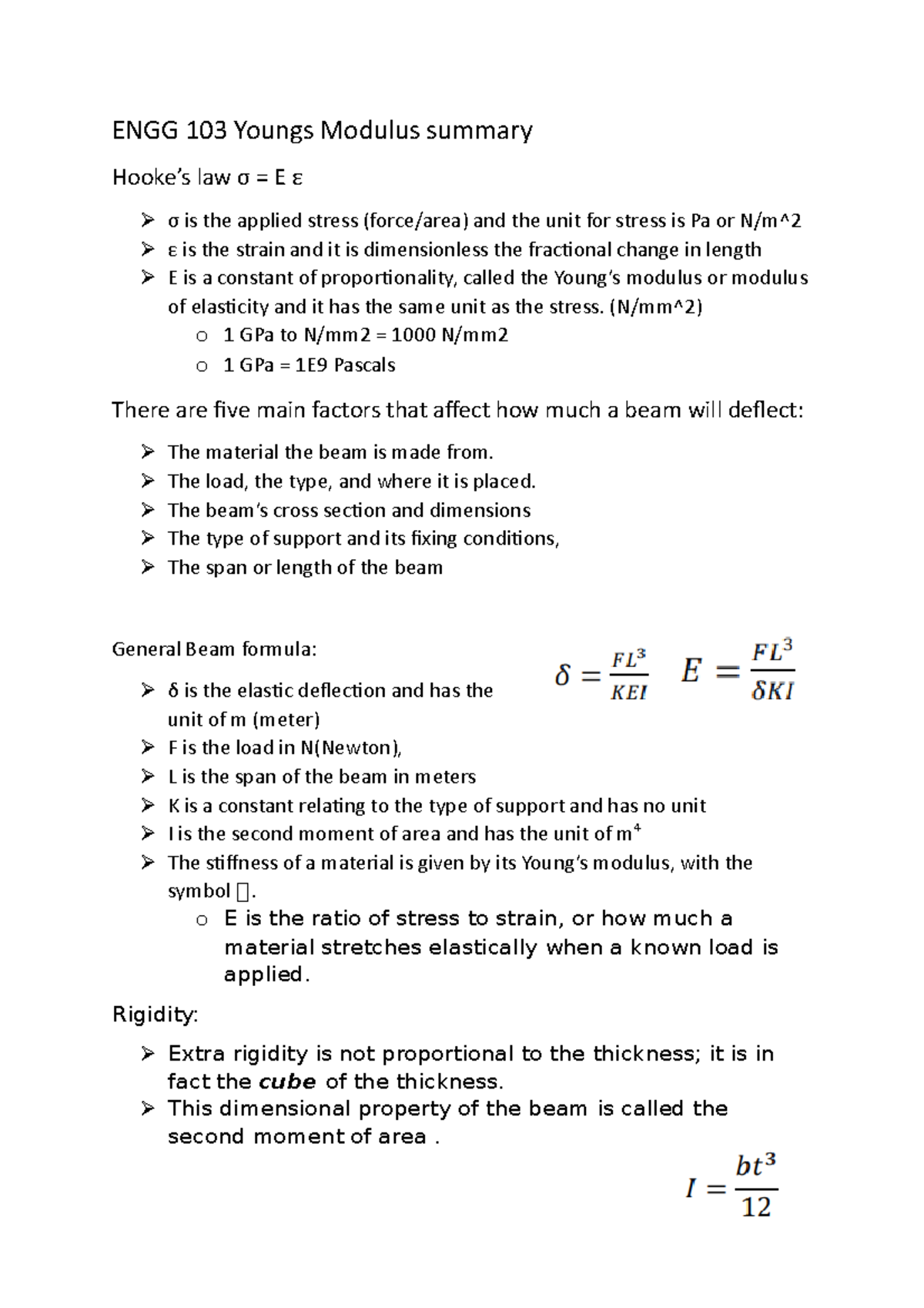 ENGG 103 Lab 1 notes - ENGG 103 Youngs Modulus summary Hooke’s law σ ...
