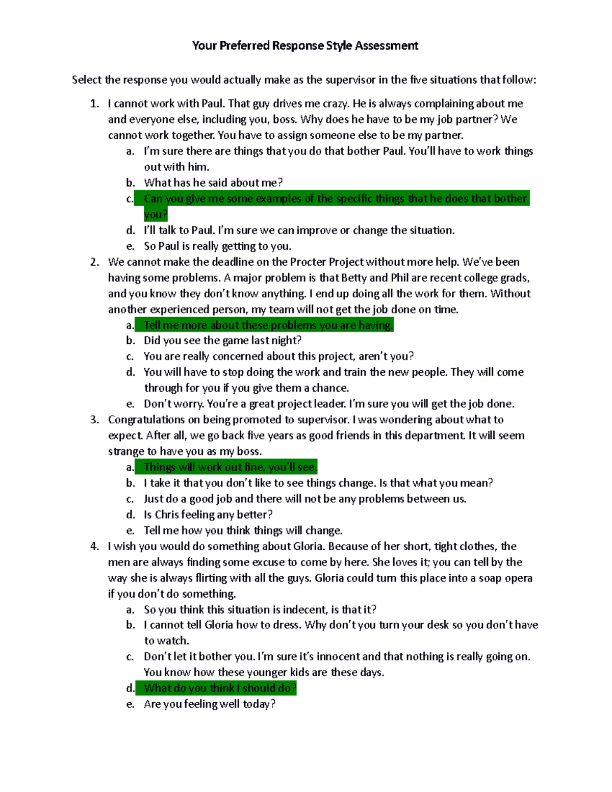 Response Style Assessment - Your Preferred Response Style Assessment ...