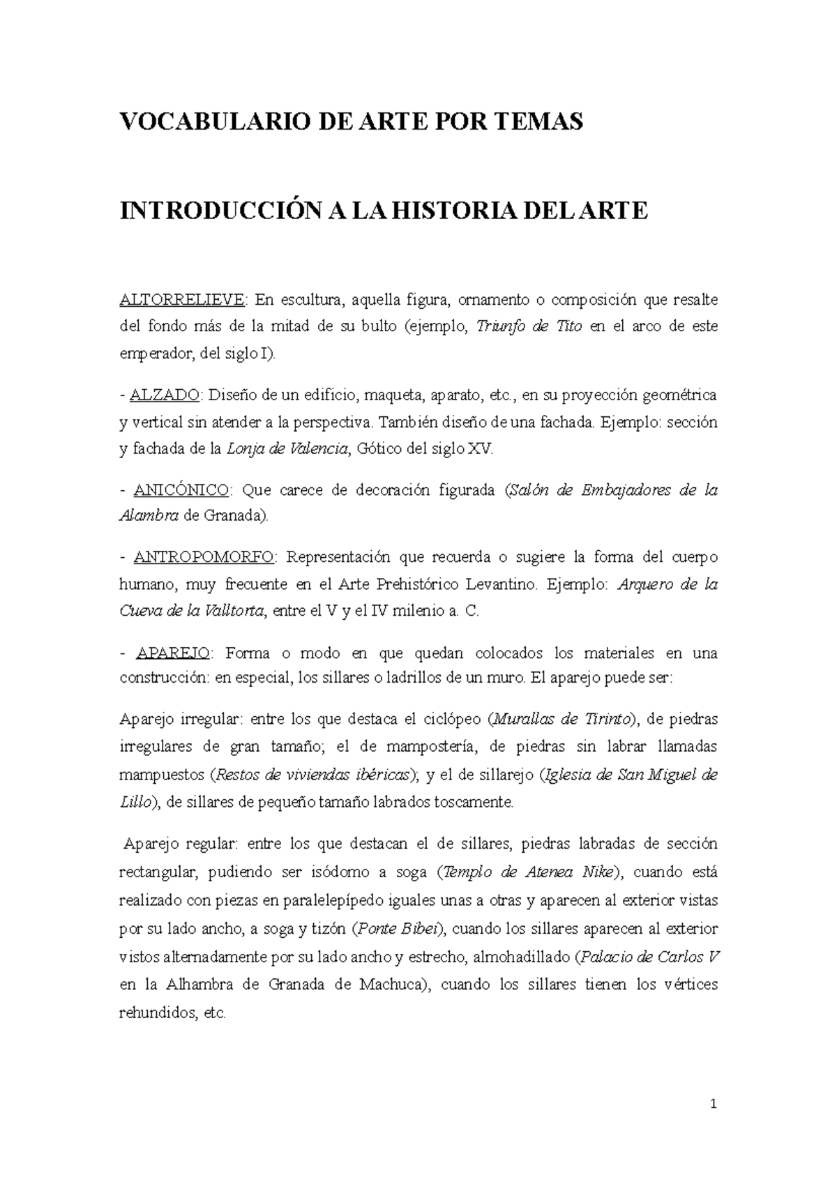 Vocabulario de clase - VOCABULARIO DE ARTE POR TEMAS INTRODUCCIÓN A LA ...