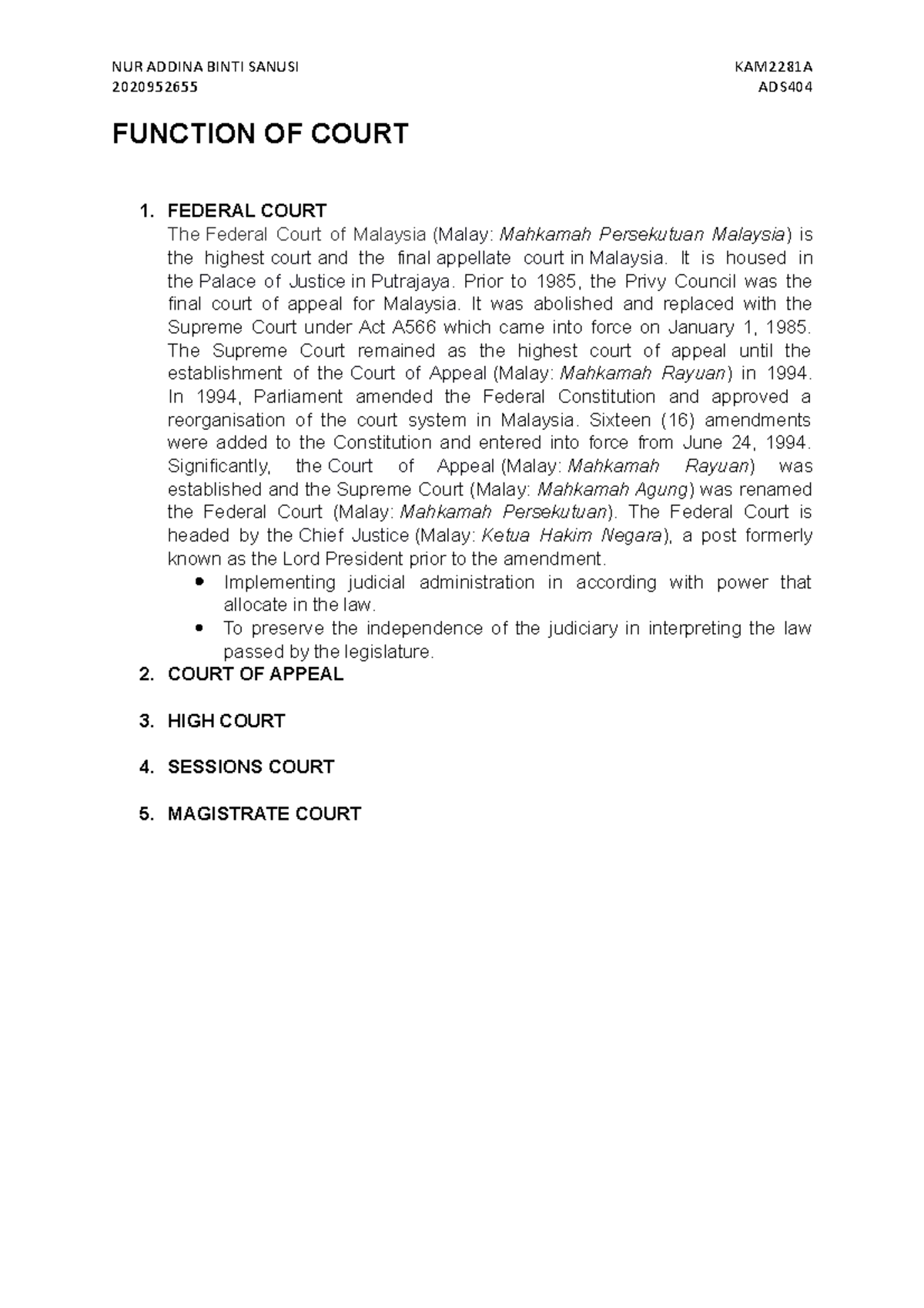 Function OF Court - NUR ADDINA BINTI SANUSI KAM2281A 2020952655 ADS ...