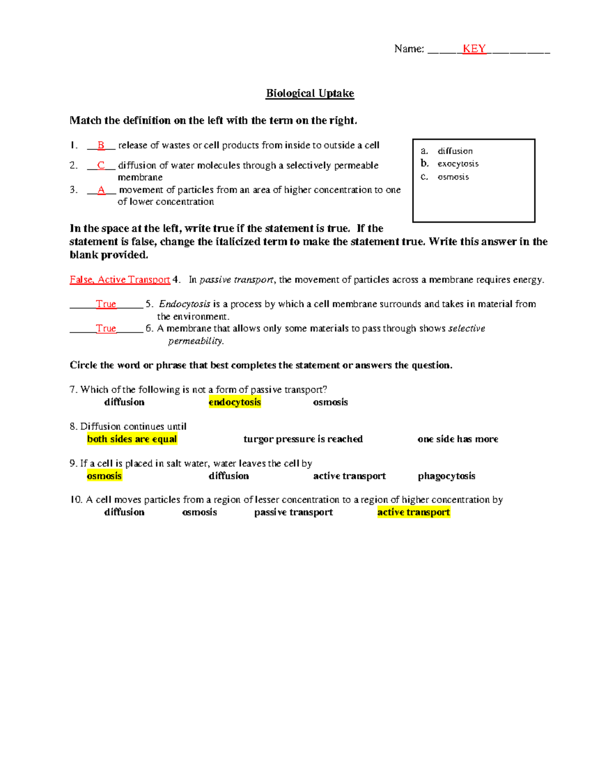 Biological uptake worksheet key - Name: KEY_____ Biological Uptake Match the definition on the ...