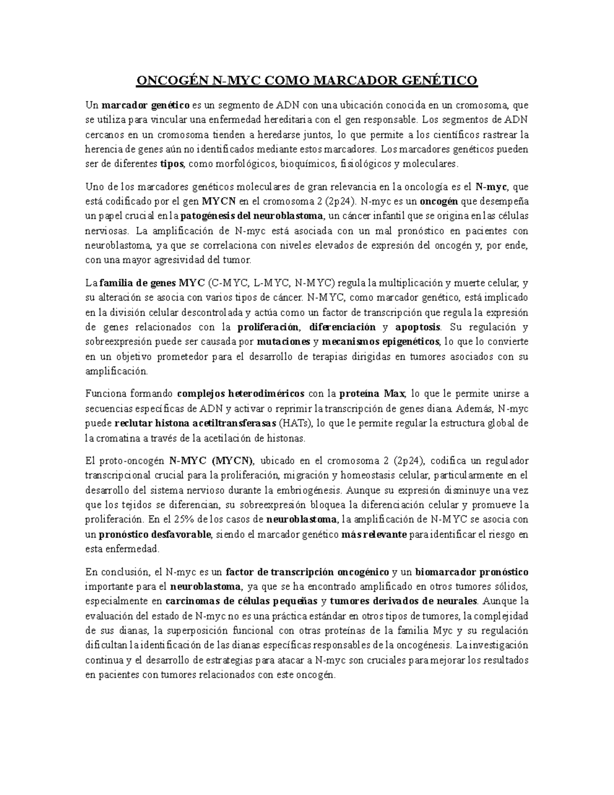 Resumen Oncogen MYC Modificado - ONCOGÉN N-MYC COMO MARCADOR GENÉTICO Un marcador genético es un ...