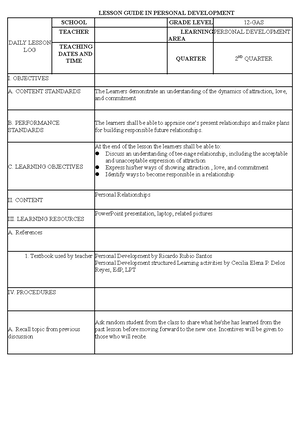 DLL Lesson 4 Q1 - LESSON GUIDE IN PERSONAL DEVELOPMENT DAILY LESSON ...