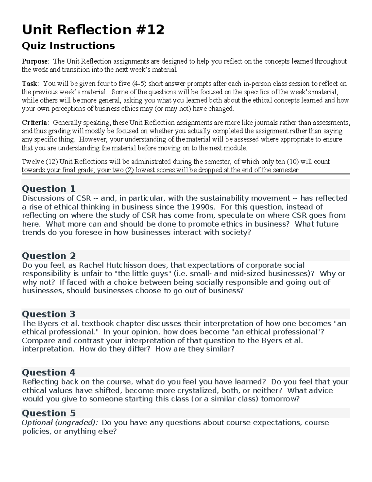 Unit Reflection #12 - Unit Reflection Quiz Instructions Purpose: The ...