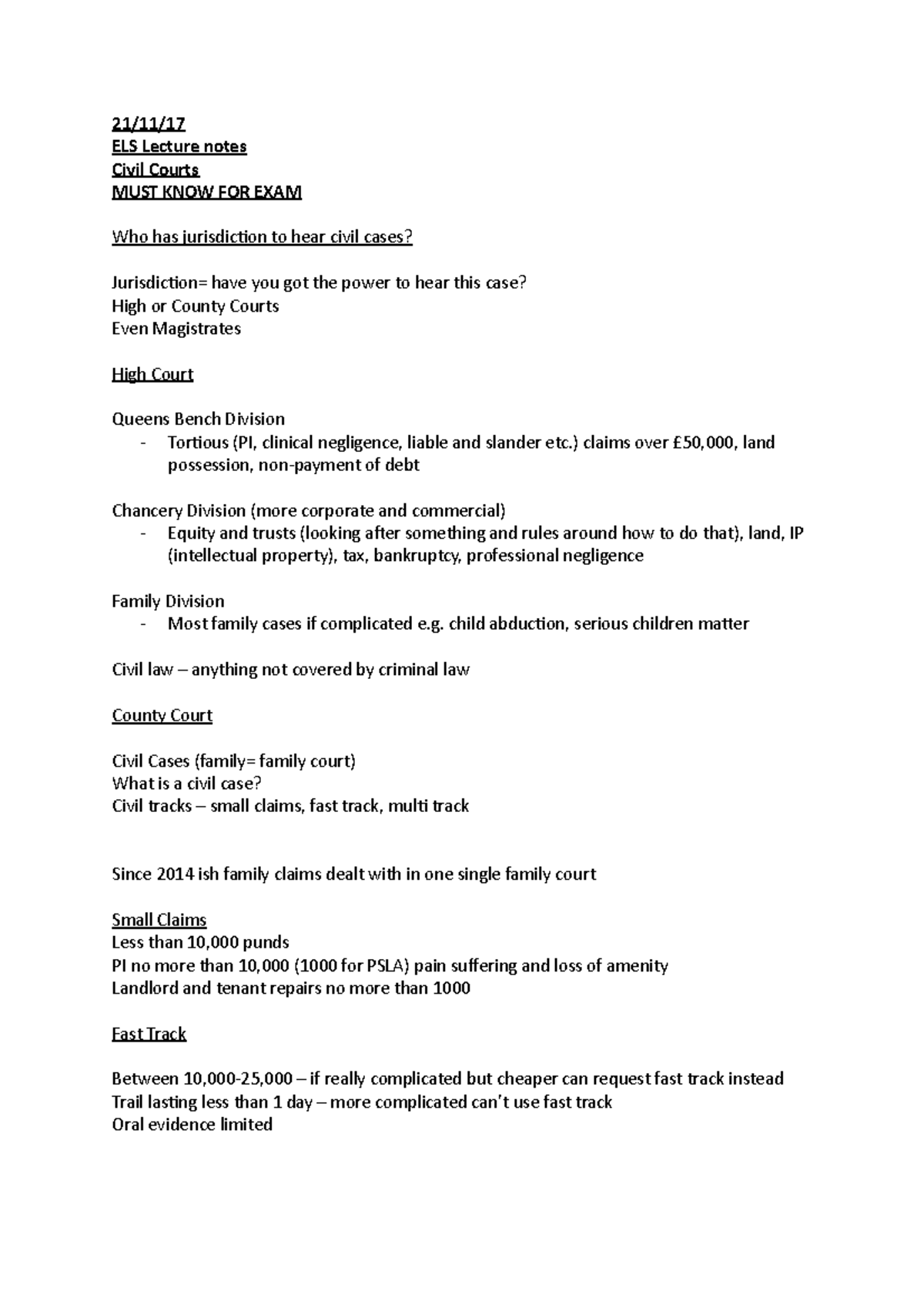 ELS Lecture civil courts - 21/11/ ELS Lecture notes Civil Courts MUST ...