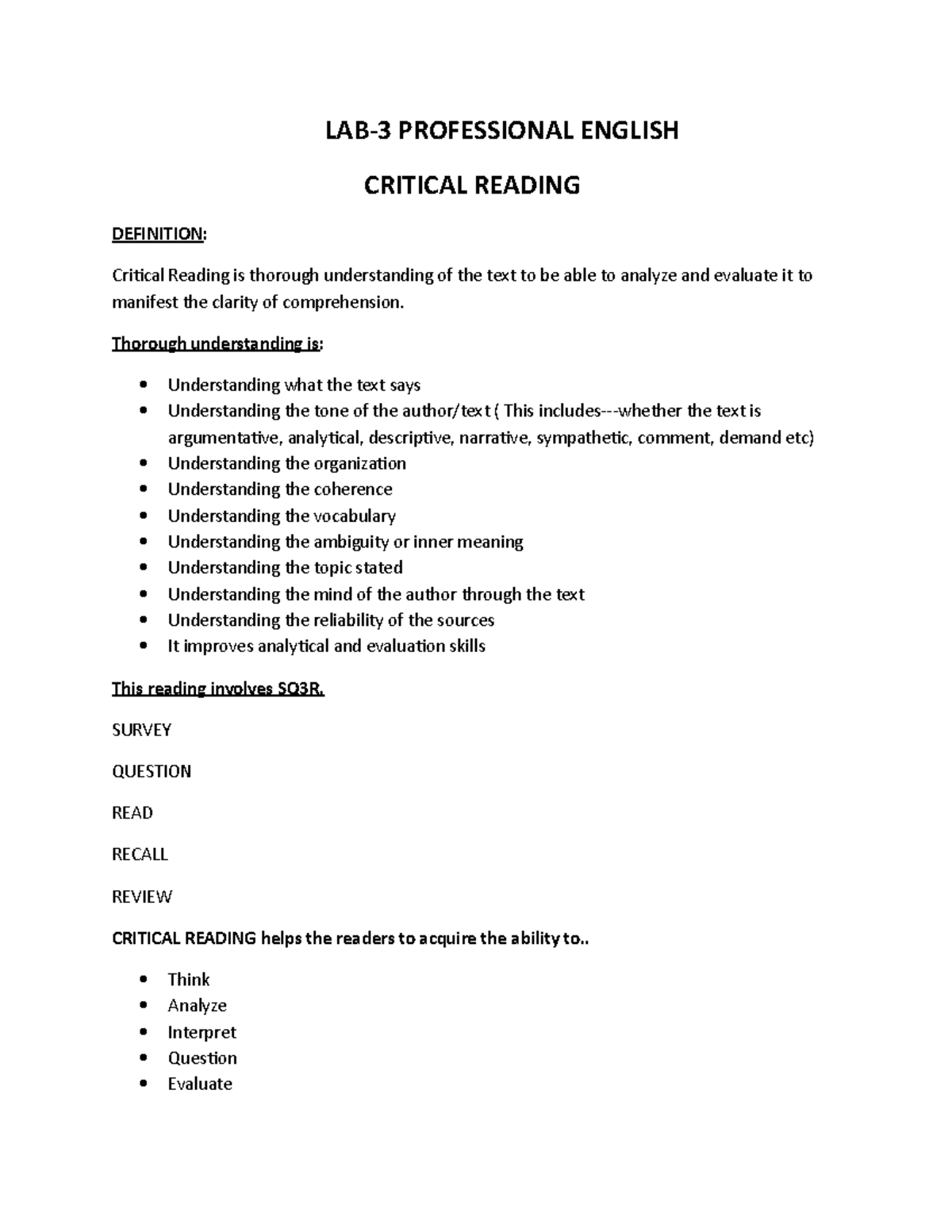 Noteson Criticalreading - LAB-3 PROFESSIONAL ENGLISH CRITICAL READING ...