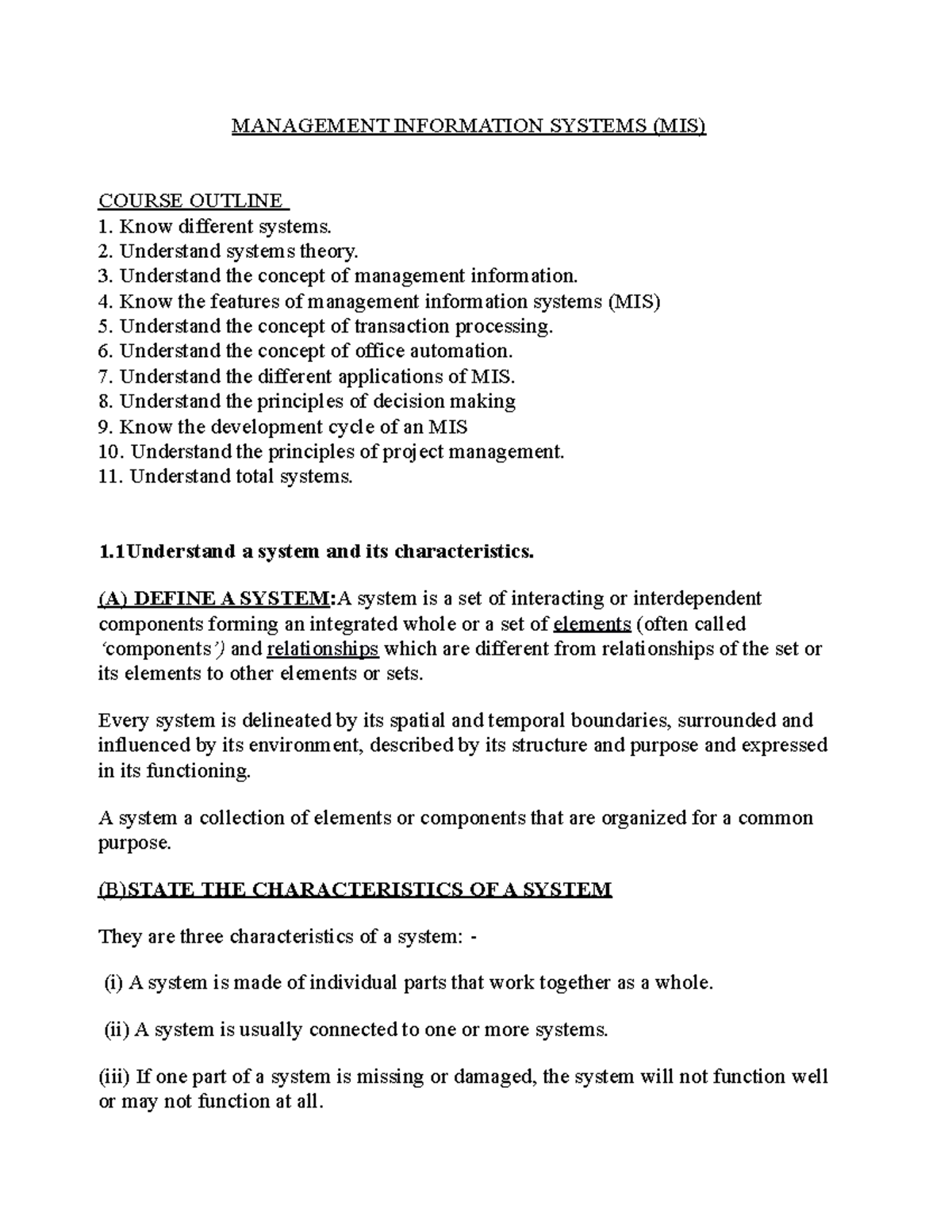 Management Information Systems Mis Management Information Systems Mis Course Outline Know