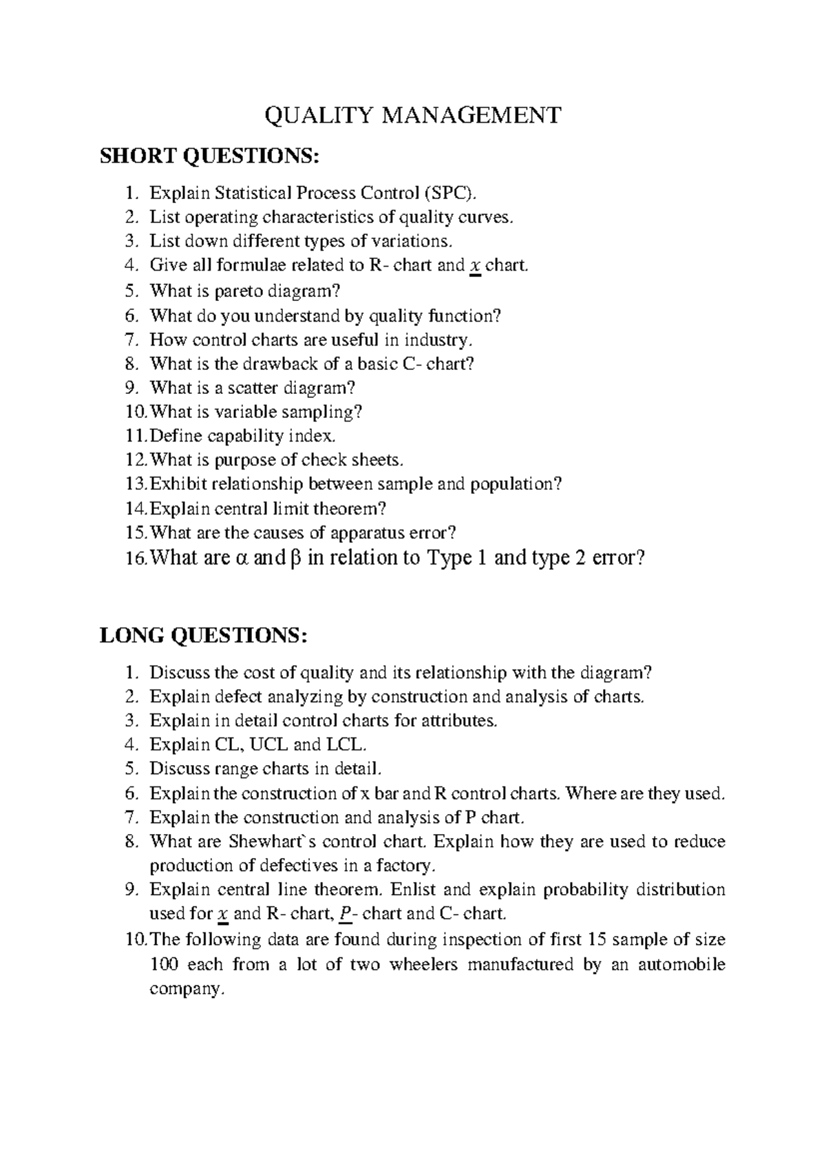 Quality Management Questions - QUALITY MANAGEMENT SHORT QUESTIONS ...
