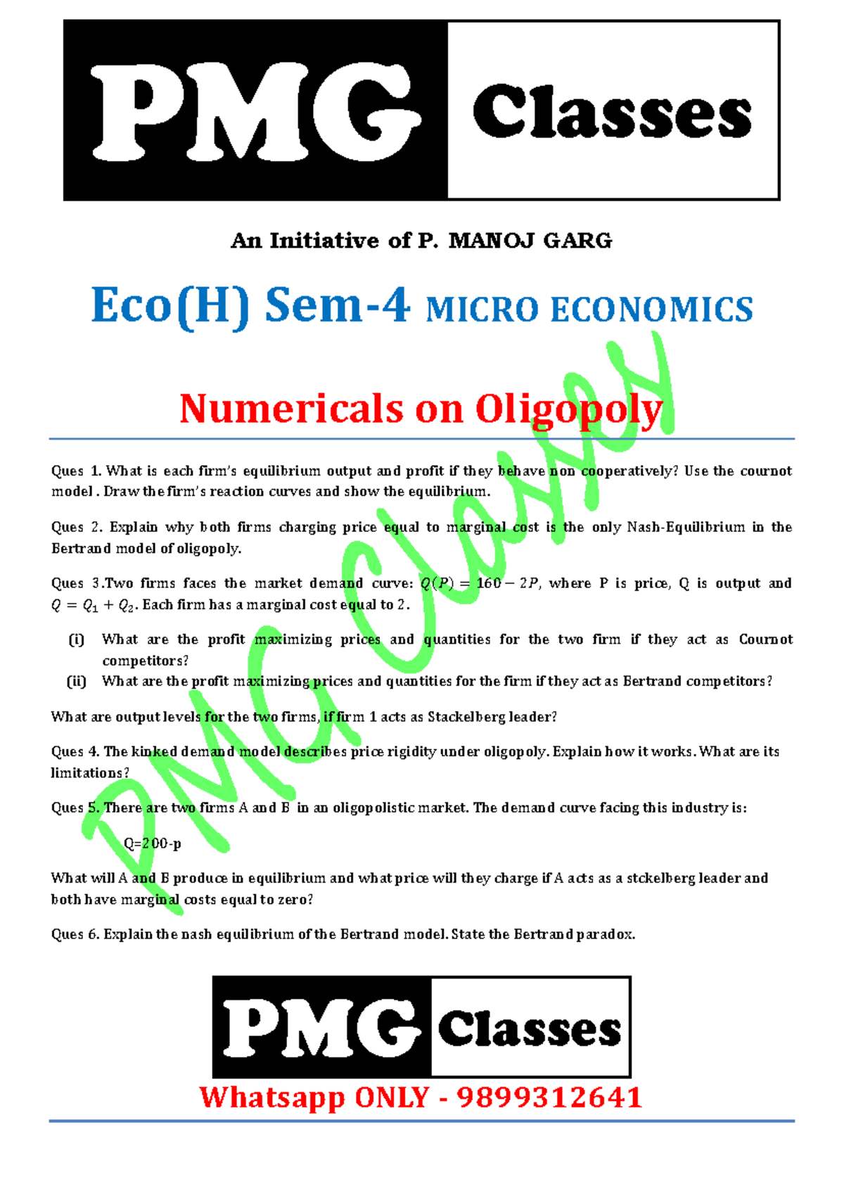 PMG Qs Oligopoly - PMG An Initiative of P. MANOJ GARG PMG Classes Eco(H ...
