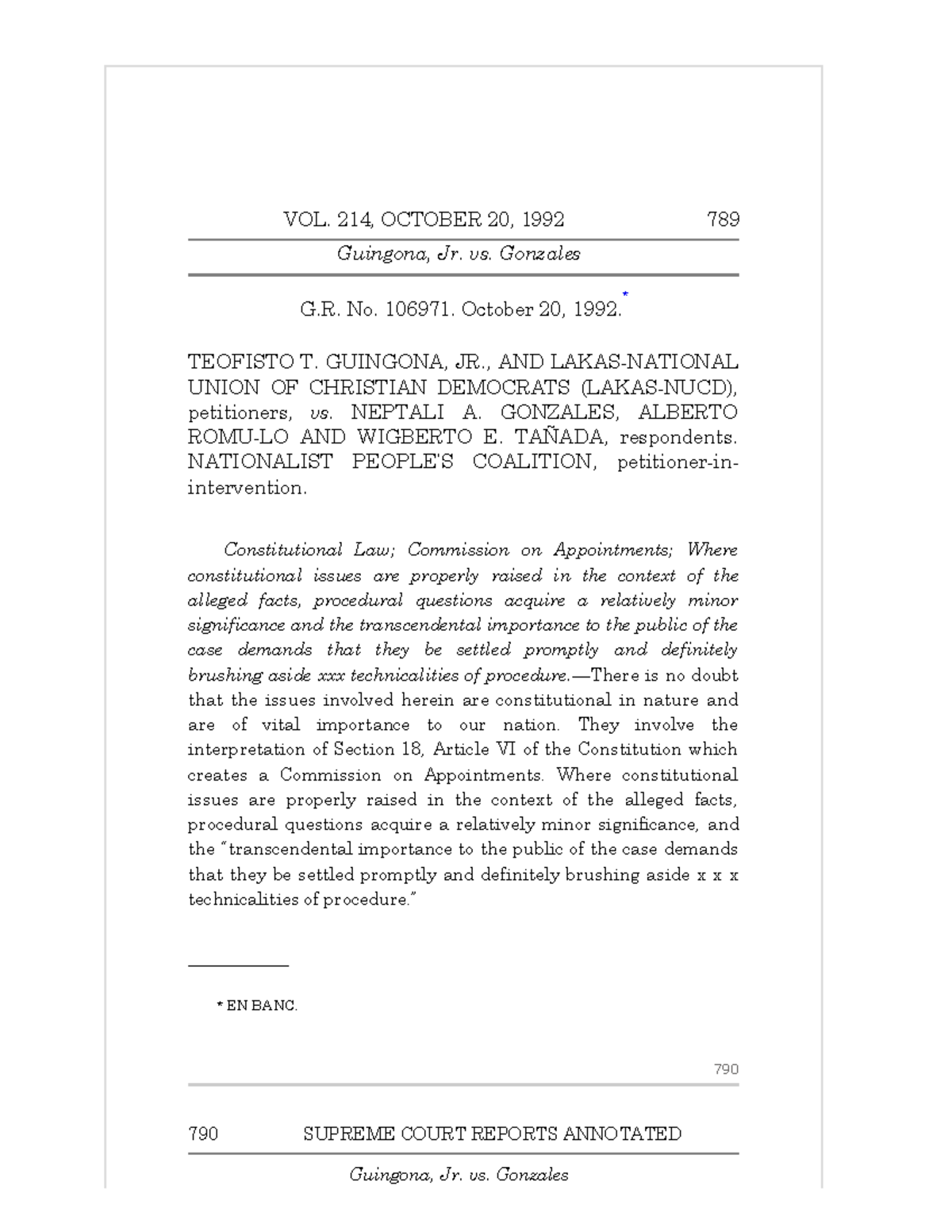 Teofisto T. Guingona, Jr. vs. Gonzales, G.R. No. 106971. October 20 ...