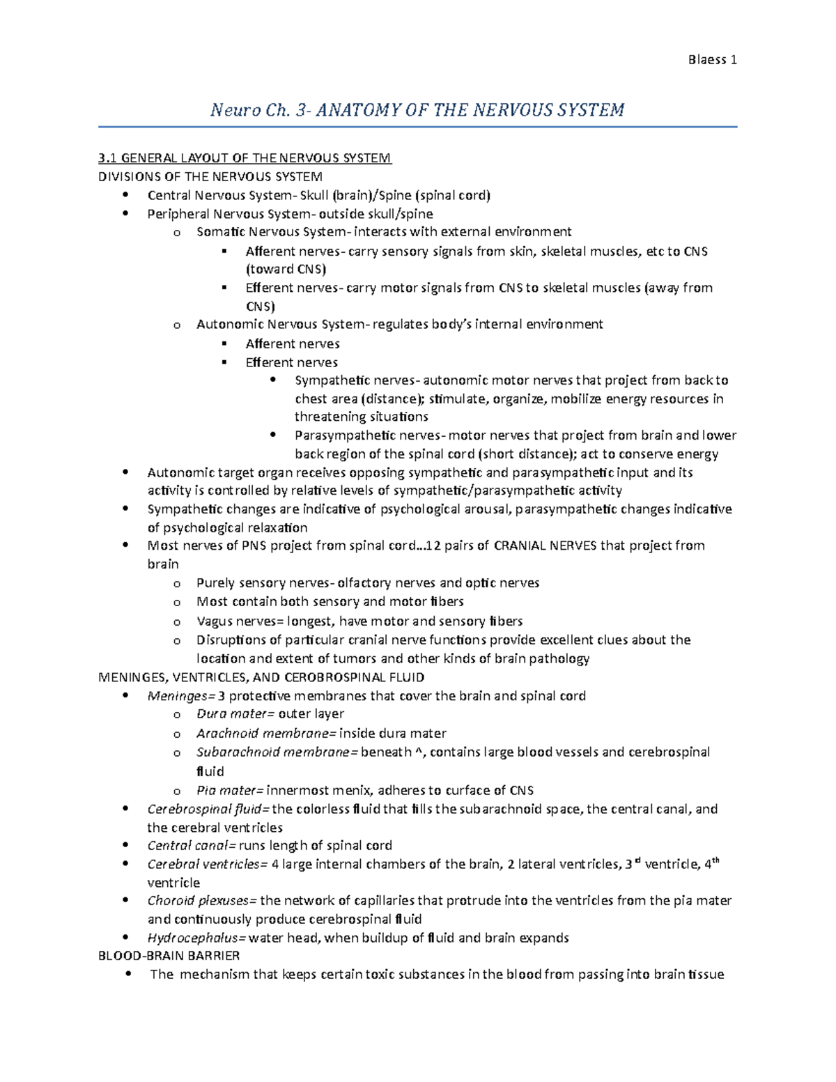 Neuro Ch 3 Notes - textbook - Neuro Ch. 3- ANATOMY OF THE NERVOUS ...