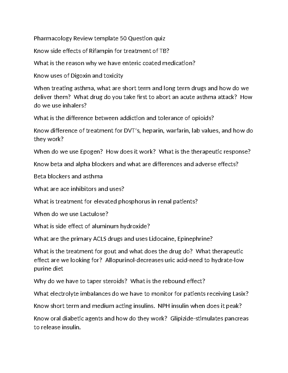 Pharmacology Review template 50 questions quiz - NPH insulin when does ...