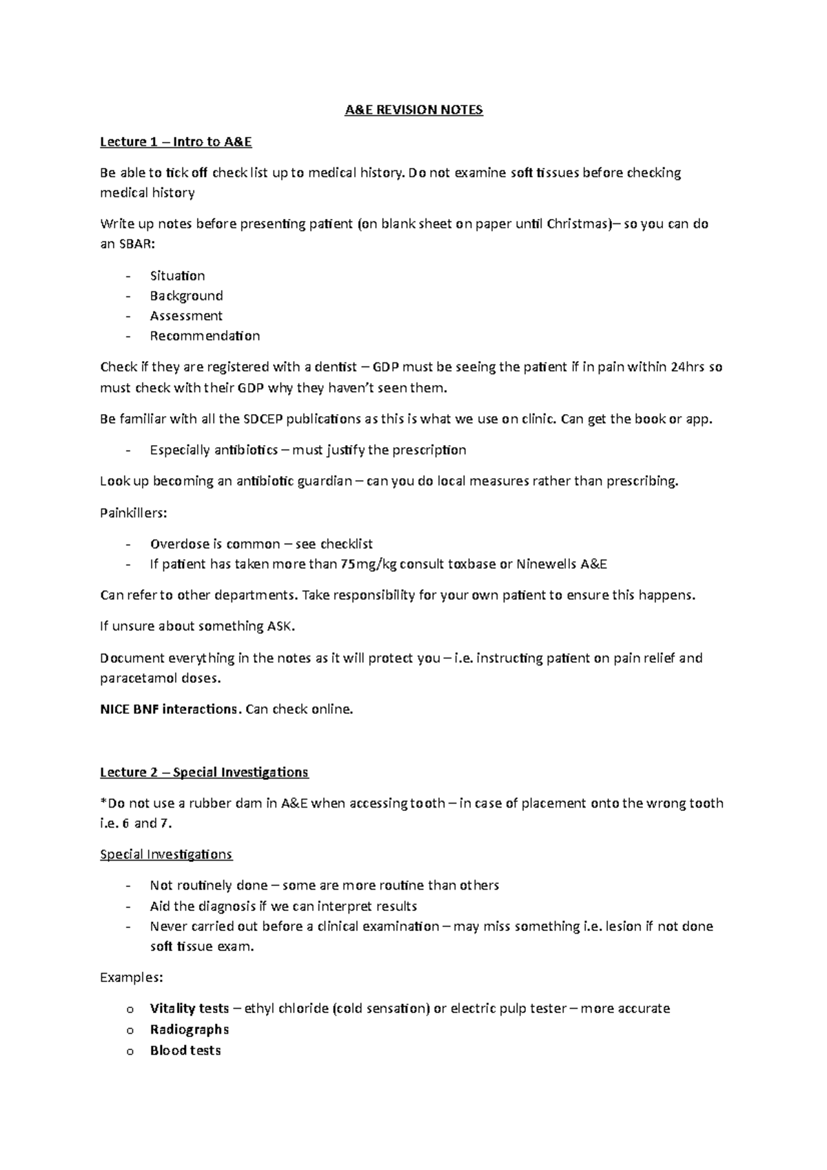 A&E Revision - A&E REVISION NOTES Lecture 1 – Intro to A&E Be able to ...