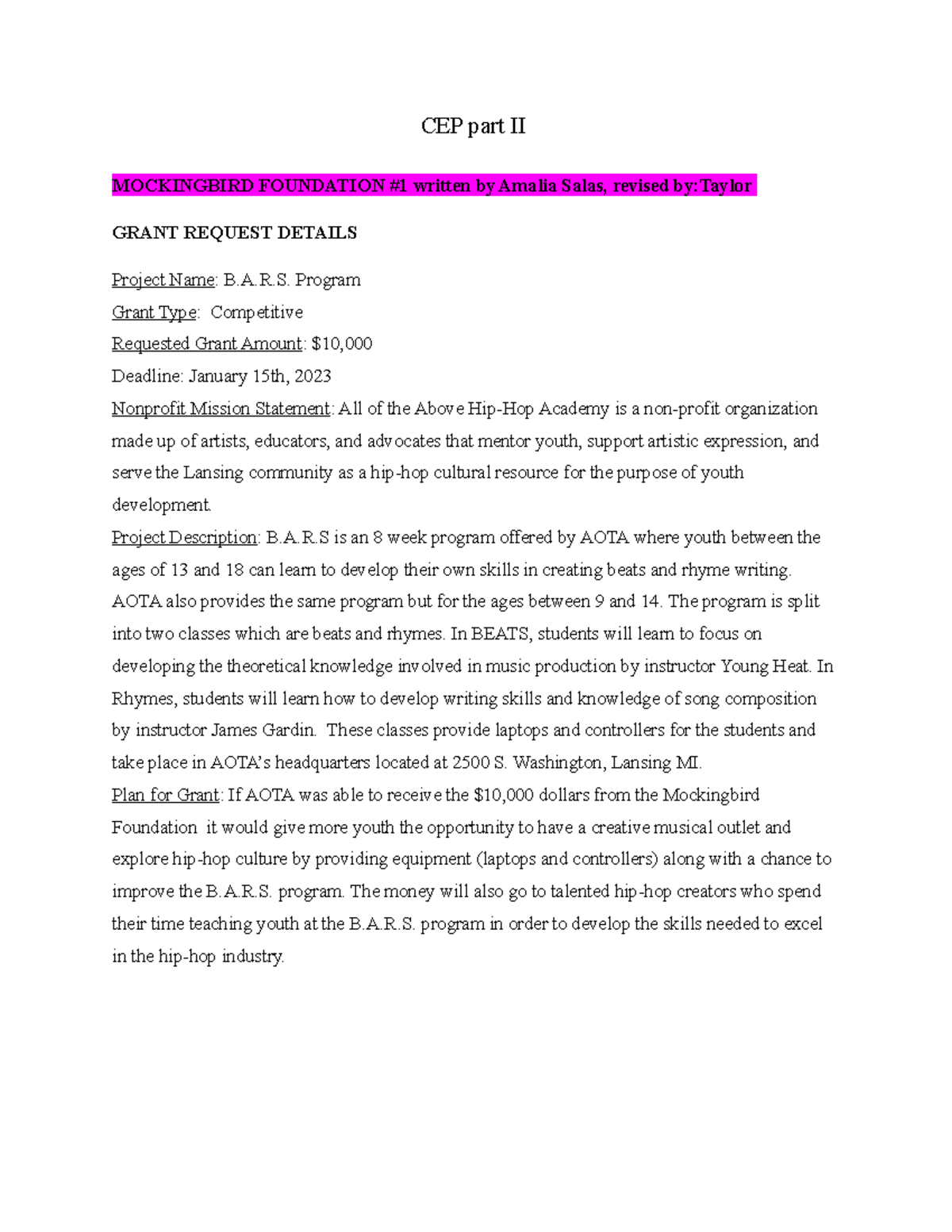 CEP part II - coursework for class - CEP part II MOCKINGBIRD FOUNDATION ...