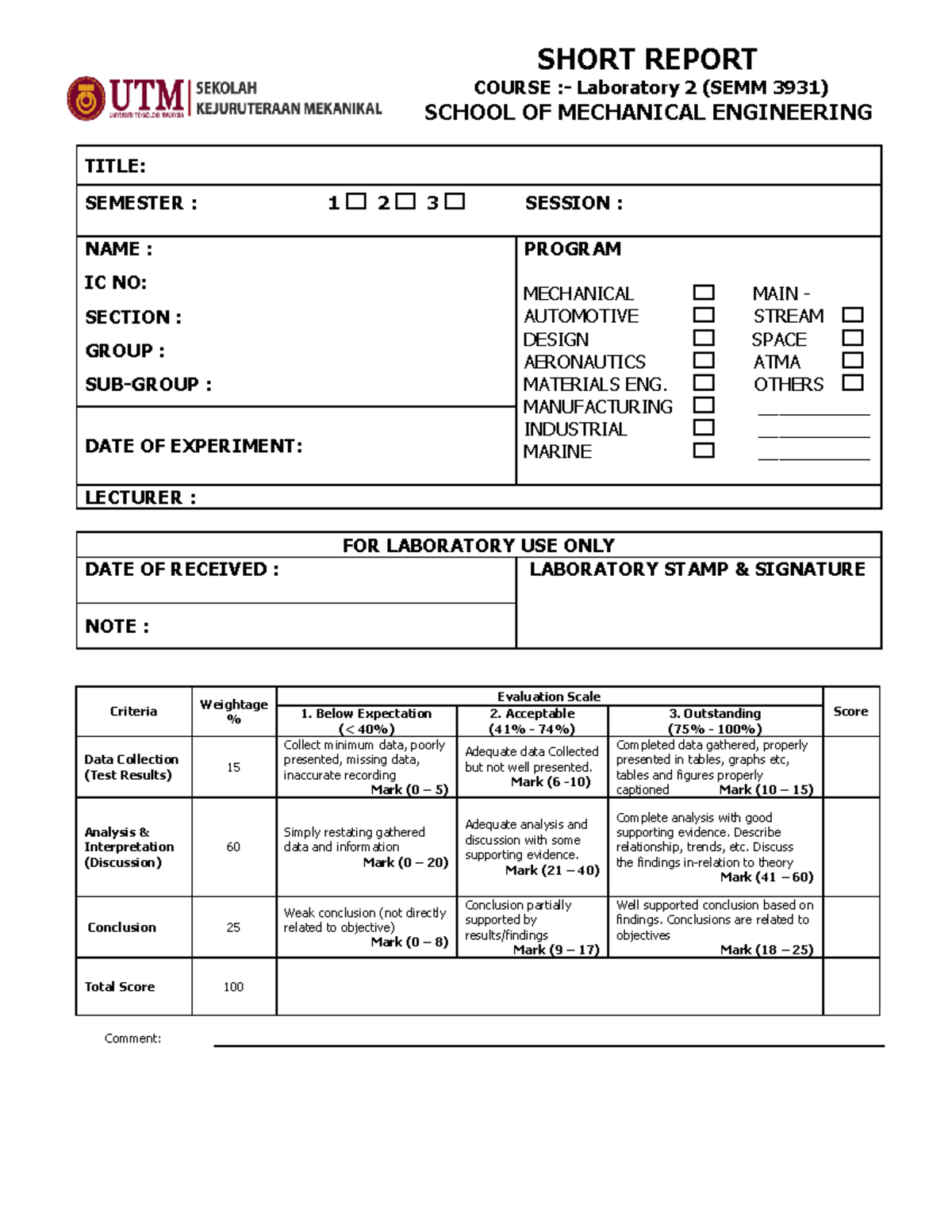 SEMM3931-Short-Report - TITLE: SEMESTER : 1 2 3 SESSION : NAME : IC NO ...