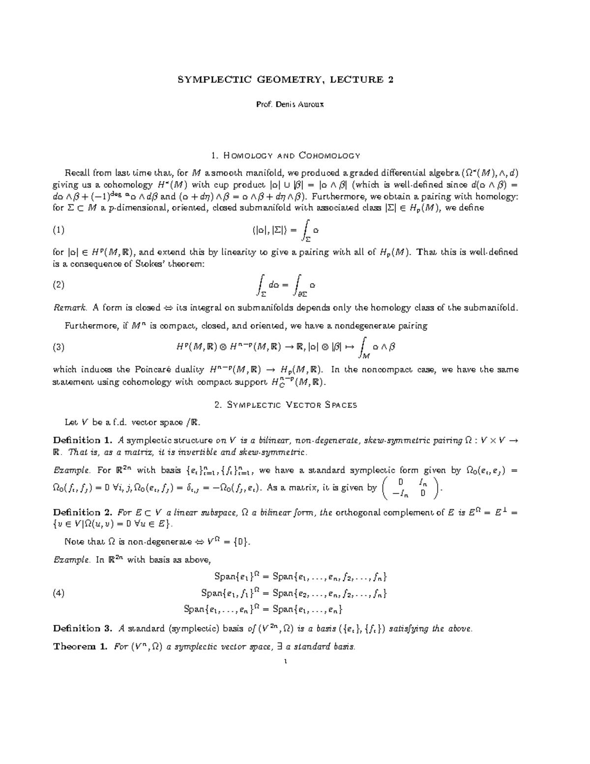 Lect02 - Lecture notes 1-4 - SYMPLECTIC GEOMETRY, LECTURE 2 Prof. Denis ...