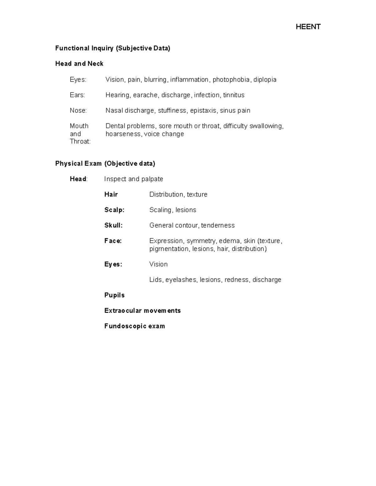 Heent Reference Notes - ASSIG - HEENT Functional Inquiry (Subjective ...