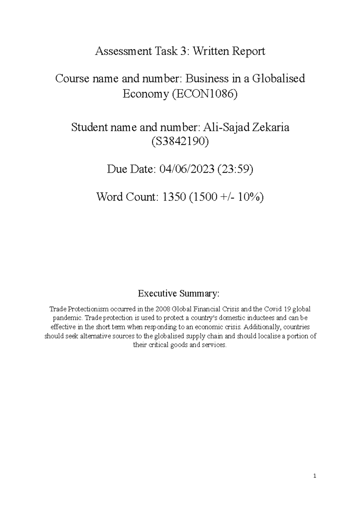 Assessment 3 - Written Report - Assessment Task 3: Written Report ...