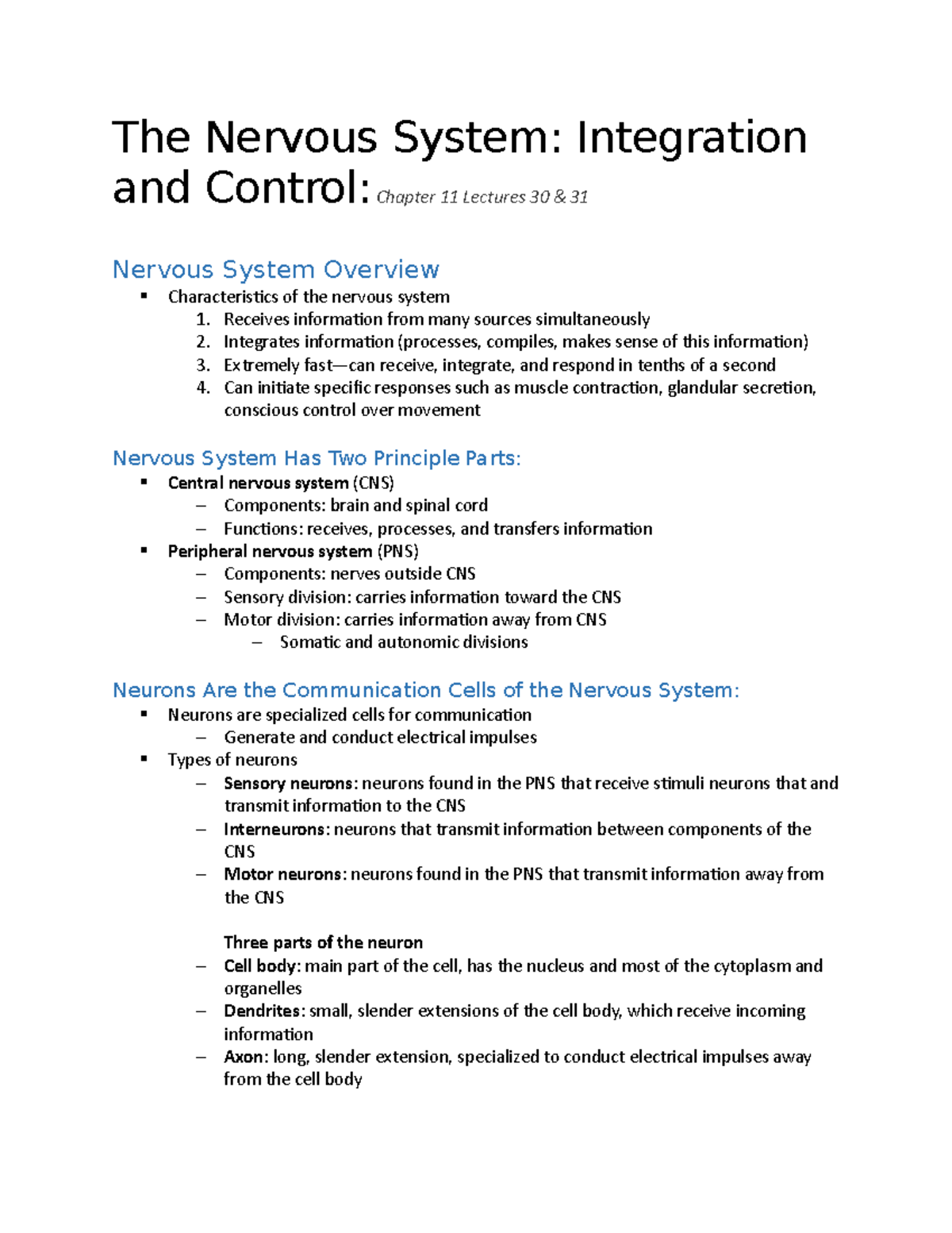 The Nervous System - Lecture notes 30-31 - The Nervous System ...
