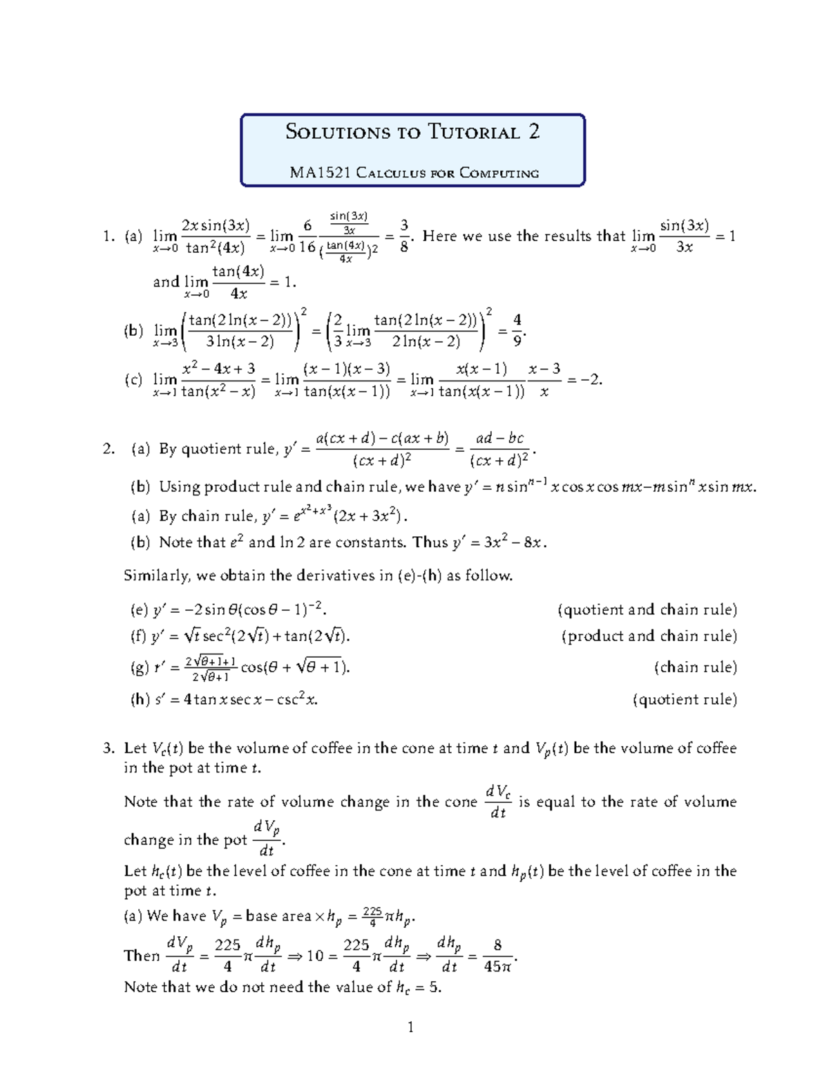 Ma1521 Calculus Tutorial Solution 2 Solutions To Tutorial 2 Ma1521 Calculus For Computing A 