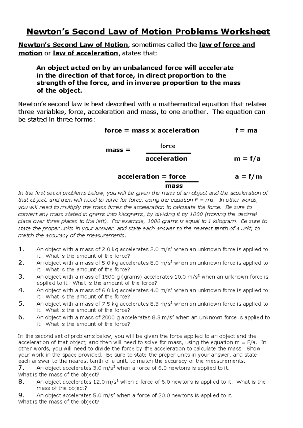 Newtons second law of motion sample problems - Newton’s Second Law of ...