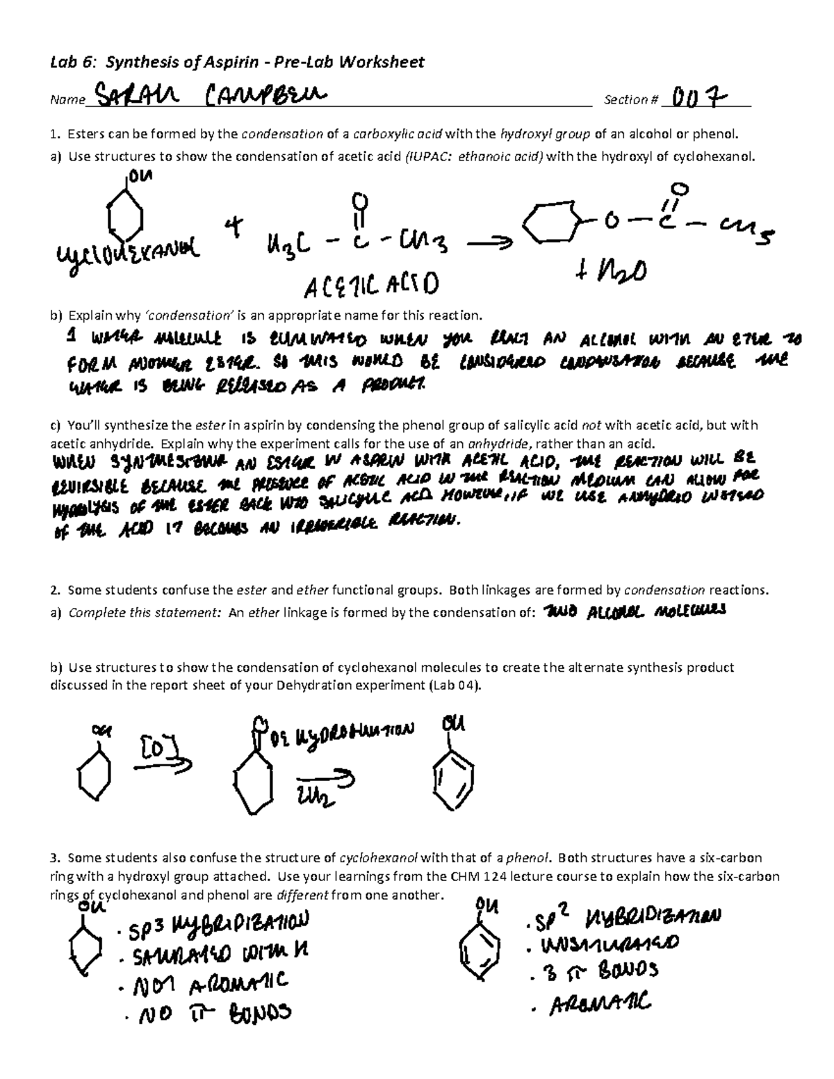 126 lab 06 aspirin pre worksheet - Lab 6: Synthesis of Aspirin - Pre ...