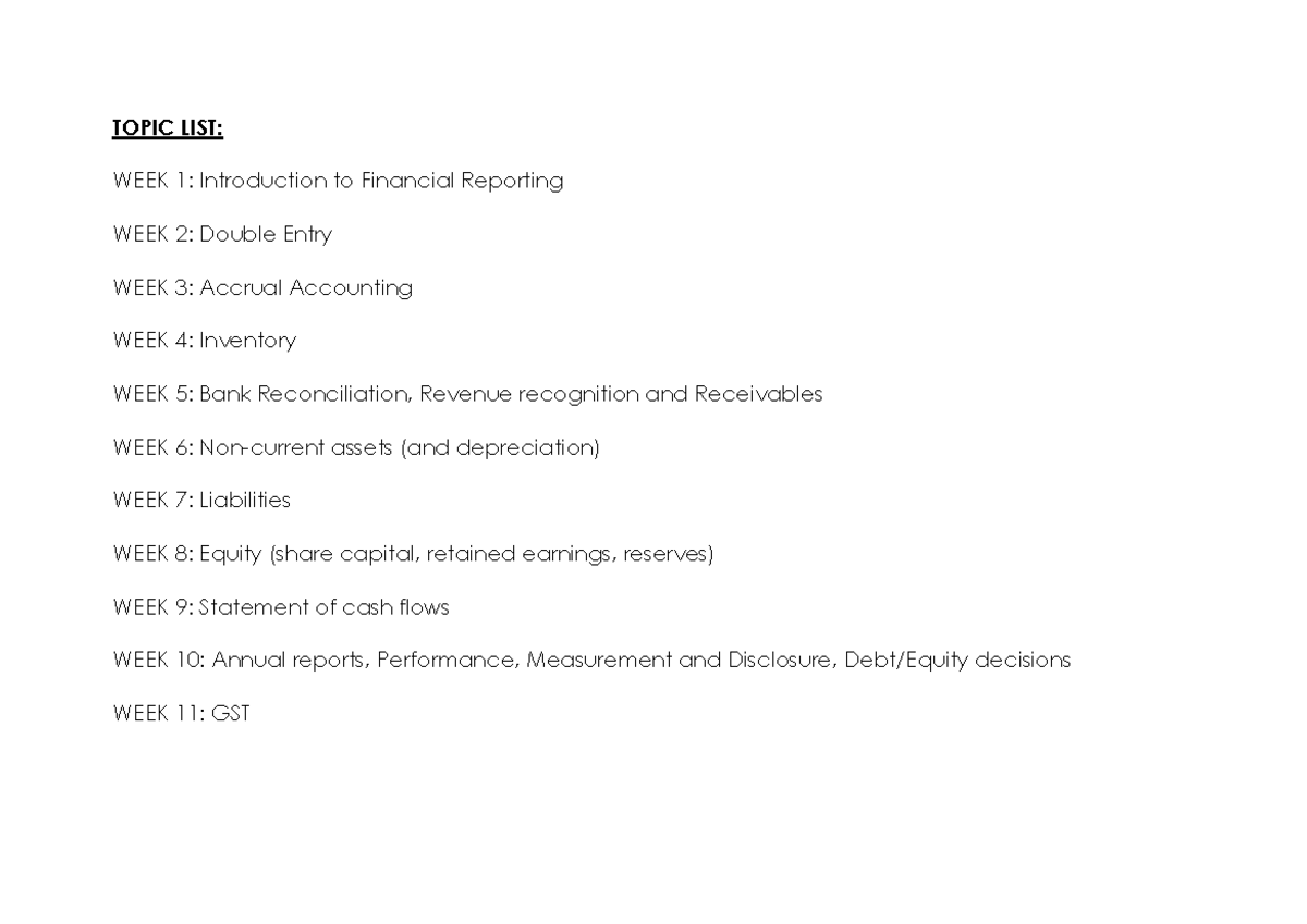 Week 1 and 2 sample notes - TOPIC LIST: WEEK 1: Introduction to ...