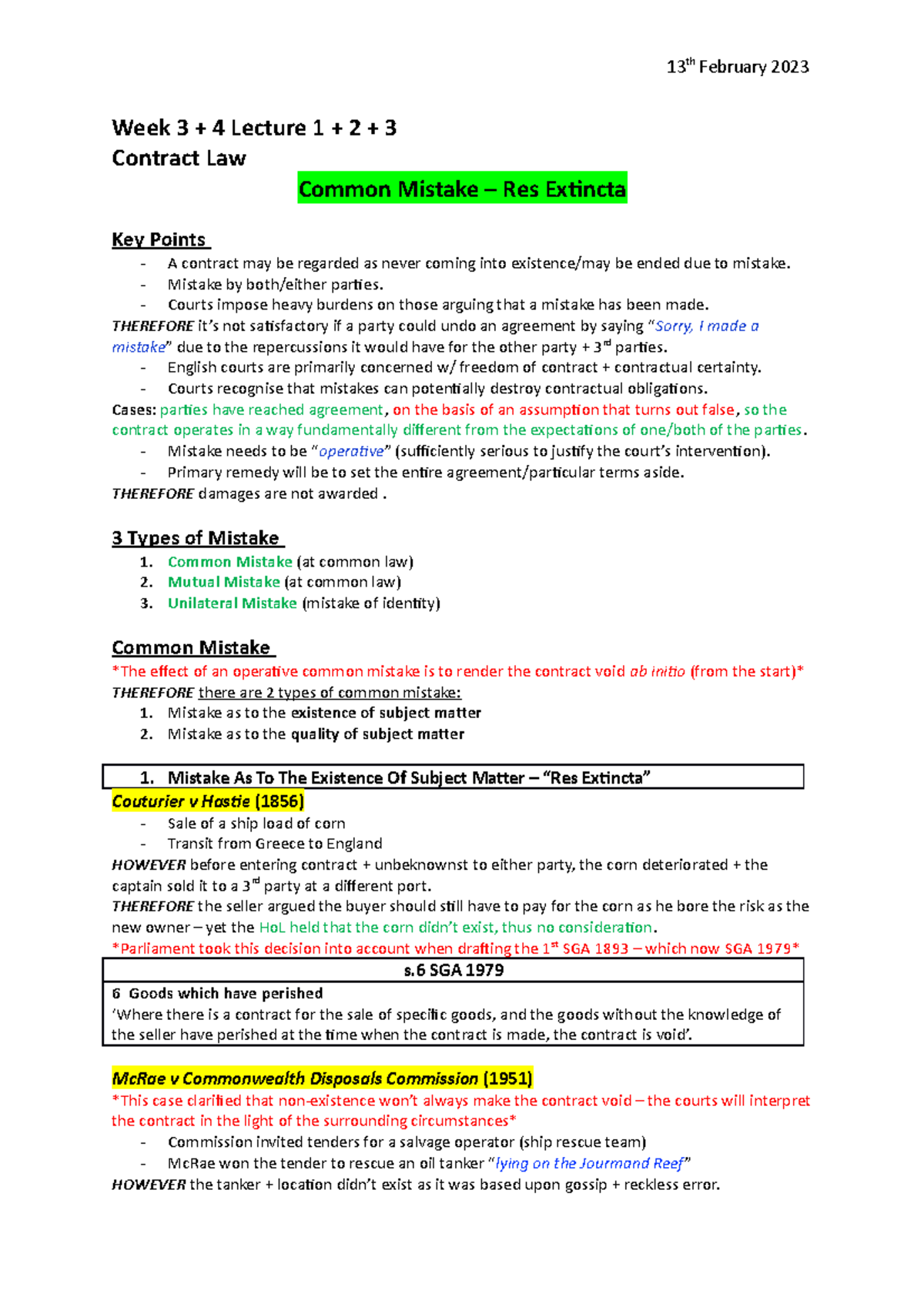 Contract Law (23) + (24) + (25) - Mistake - Week 3 + 4 Lecture 1 + 2 + 3 Contract Law Common ...