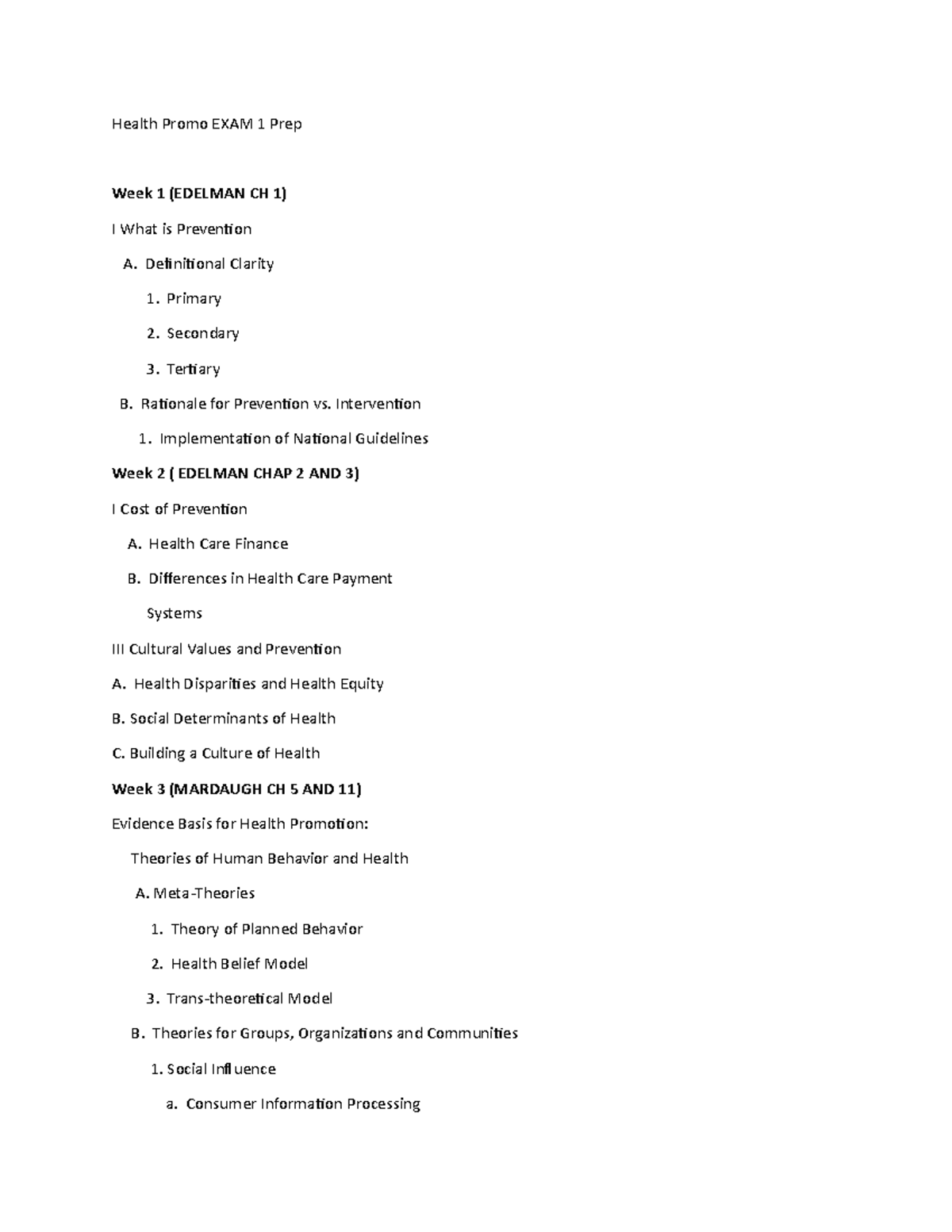 Health Promo EXAM 1 Prep - Health Promo EXAM 1 Prep Week 1 (EDELMAN CH ...