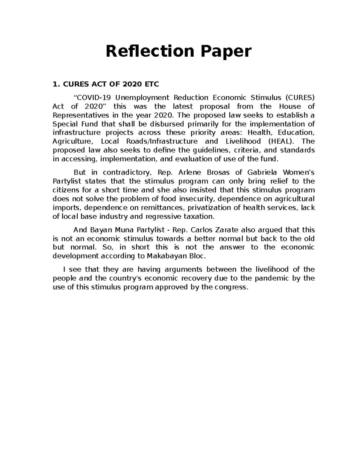 Reflection Paper - Activity guide - Reflection Paper 1. CURES ACT OF ...