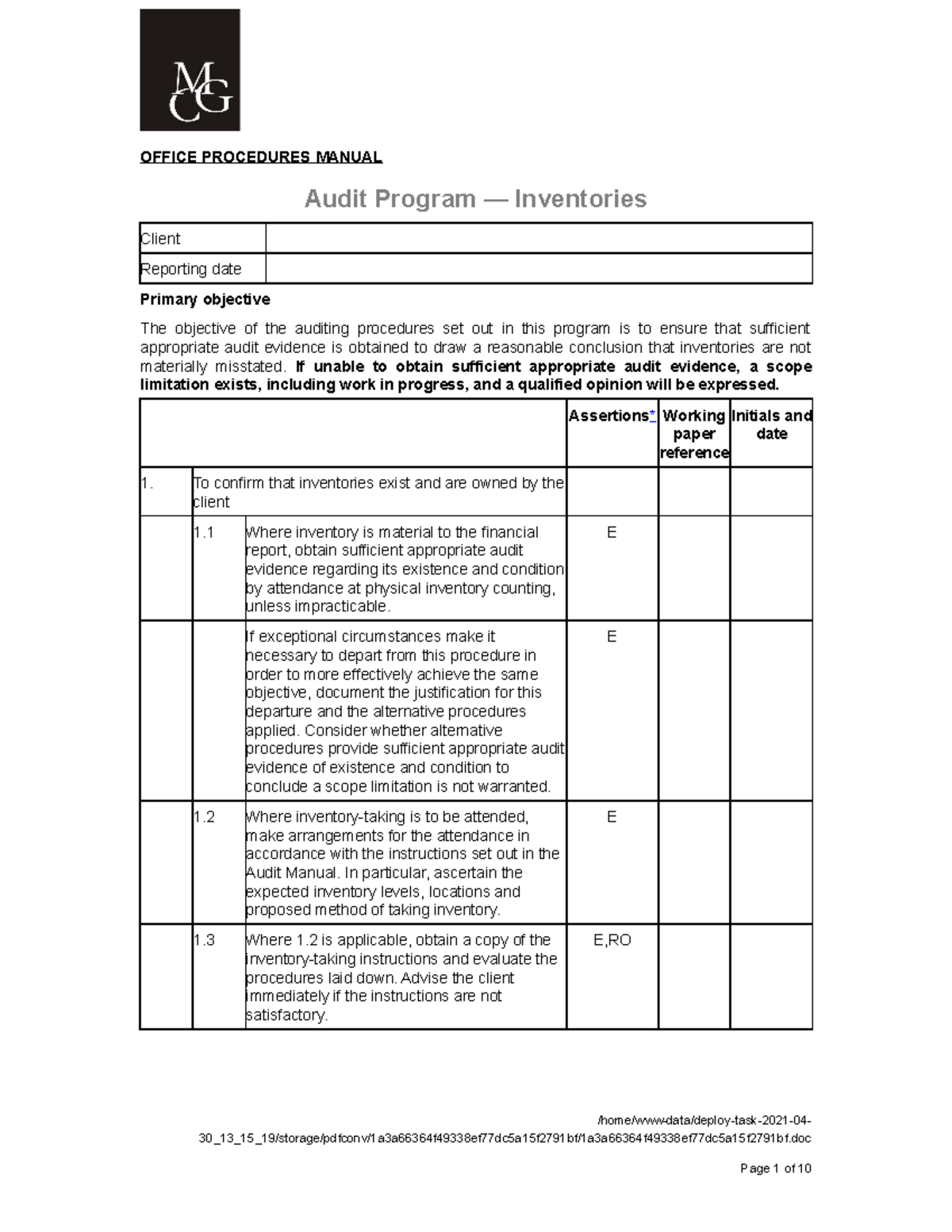 8.2A - Audit Program - Inventories - 15 1560 - OFFICE PROCEDURES MANUAL Audit Program ...