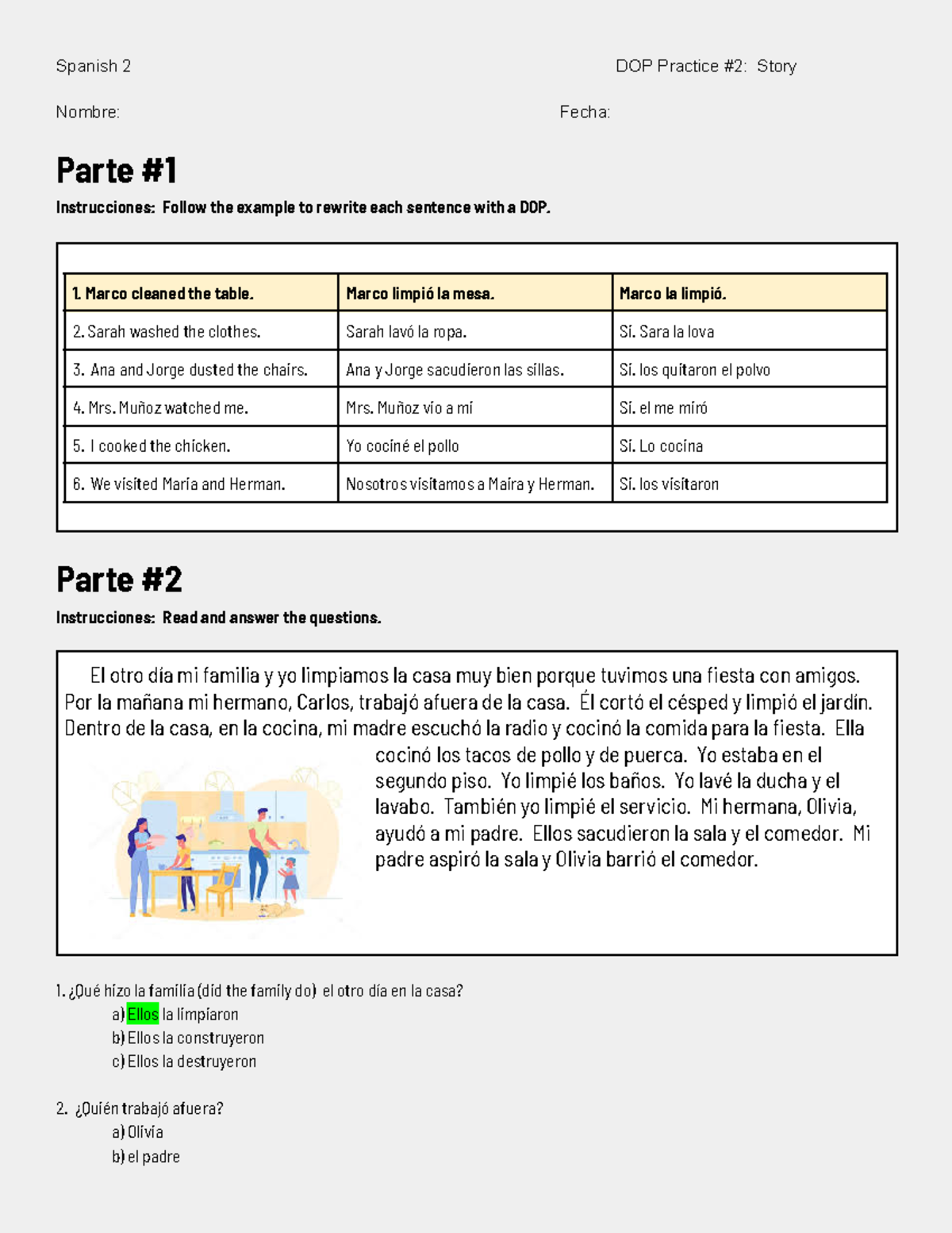Copy of DOP Practice #2 Story - Spanish 2 DOP Practice #2: Story Nombre ...