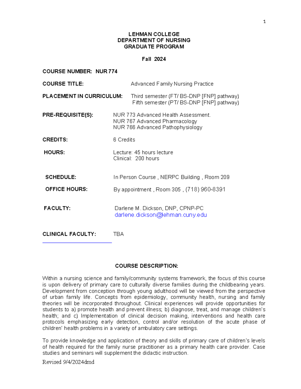 NUR 774 Syllabus Fall 2024 revised 9424 dmd - LEHMAN COLLEGE DEPARTMENT ...