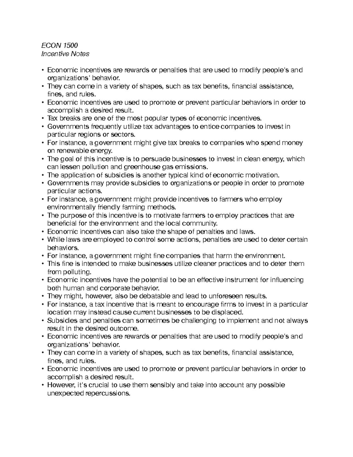 ECON 1500 Incentive Notes - ECON 1500 Incentive Notes Economic ...