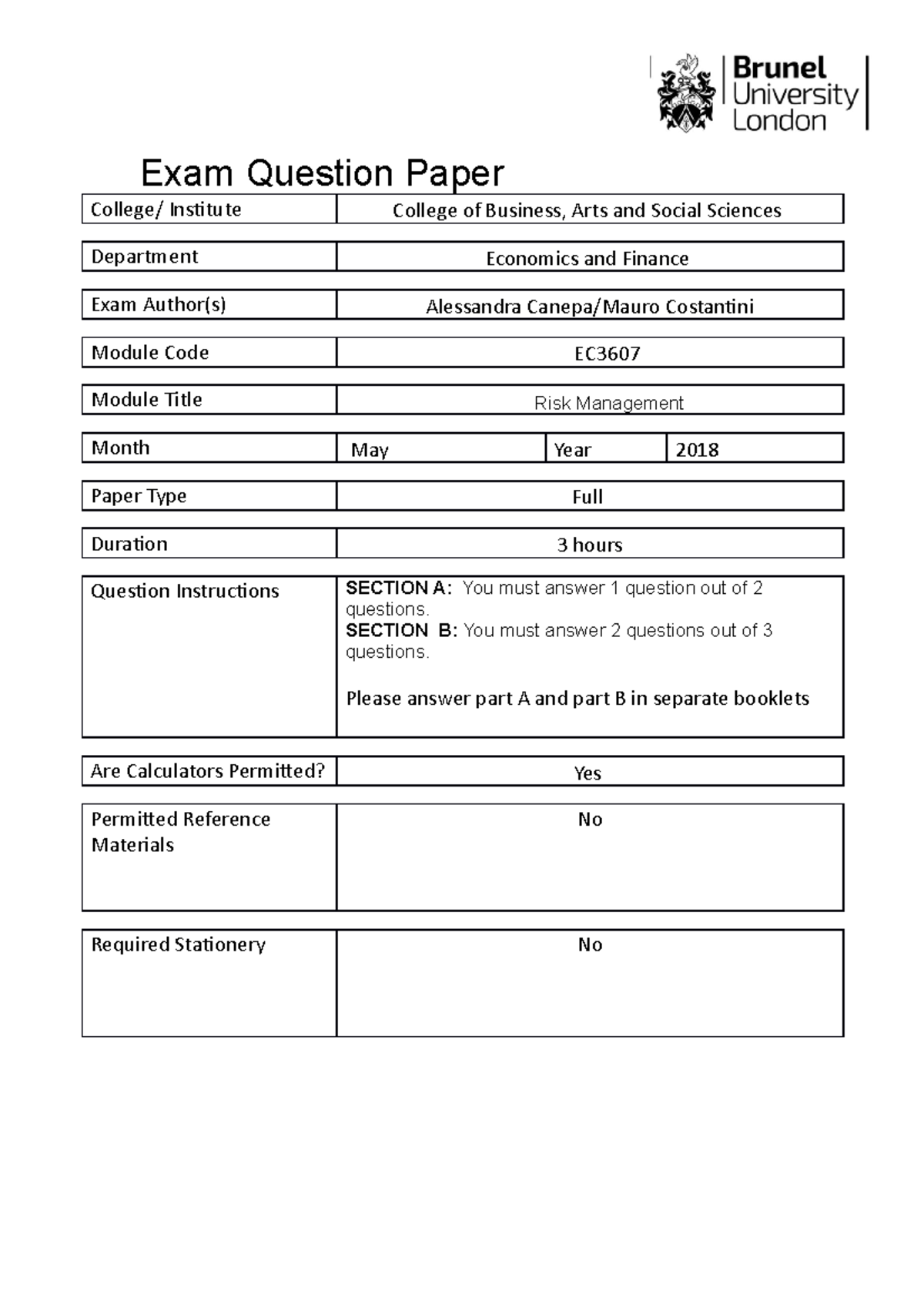 Exam May 2018 - Exam Question Paper College/ Institute College of ...