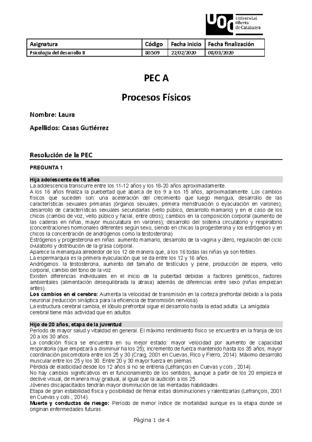 Pec A psicología del desarrollo II - Psicologia del desarrollo II 80 22/02/2020 08/03/ PEC A ...