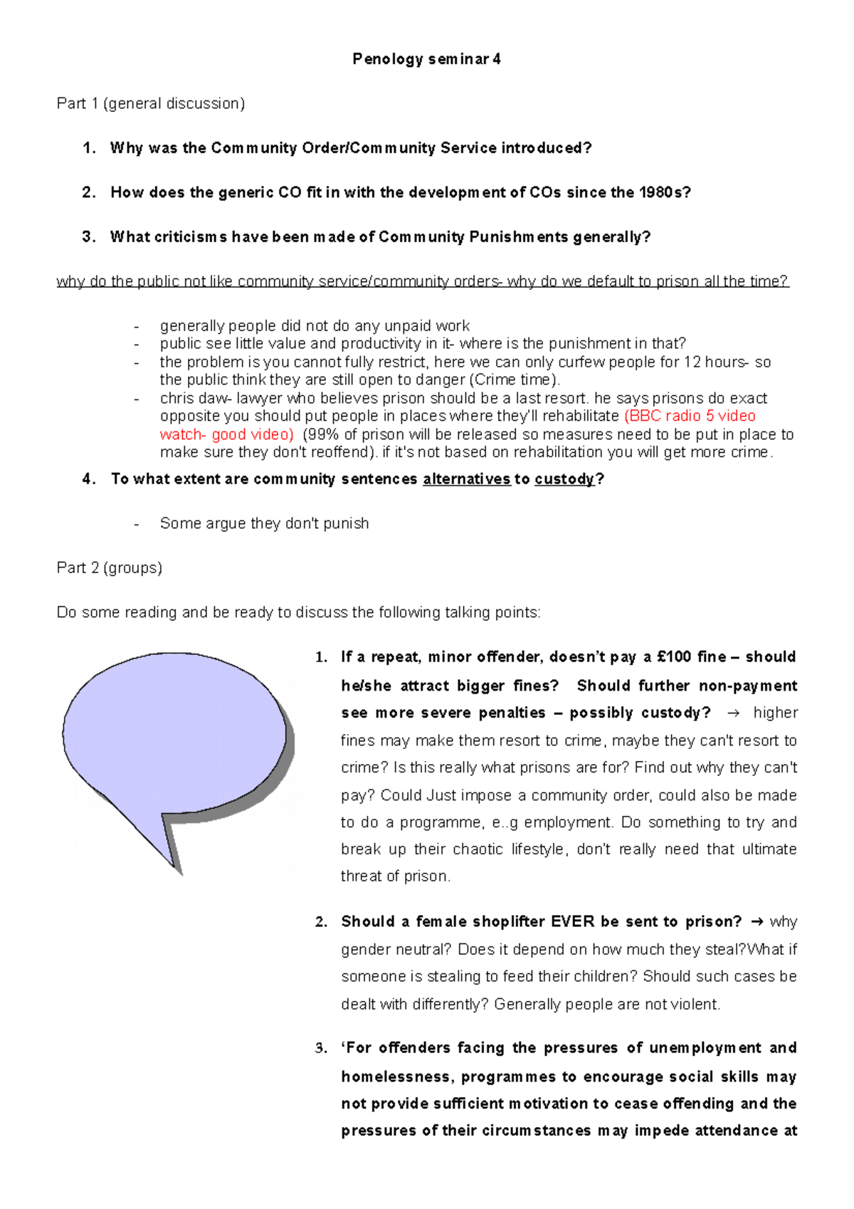 Seminar 4 - community orders - Penology seminar 4 Part 1 (general ...