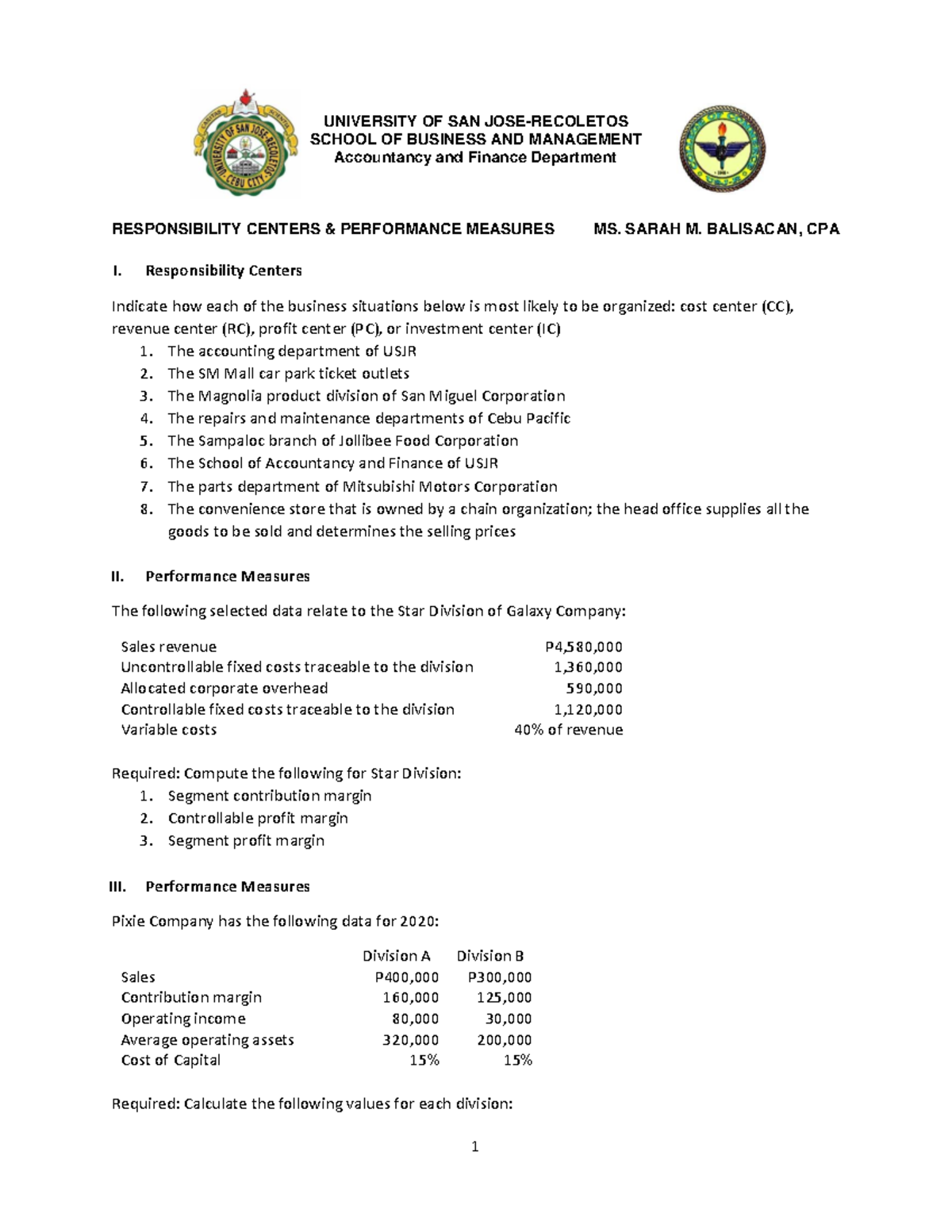 Responsibility Centers Performance Measures-Sample Questions - Warning ...