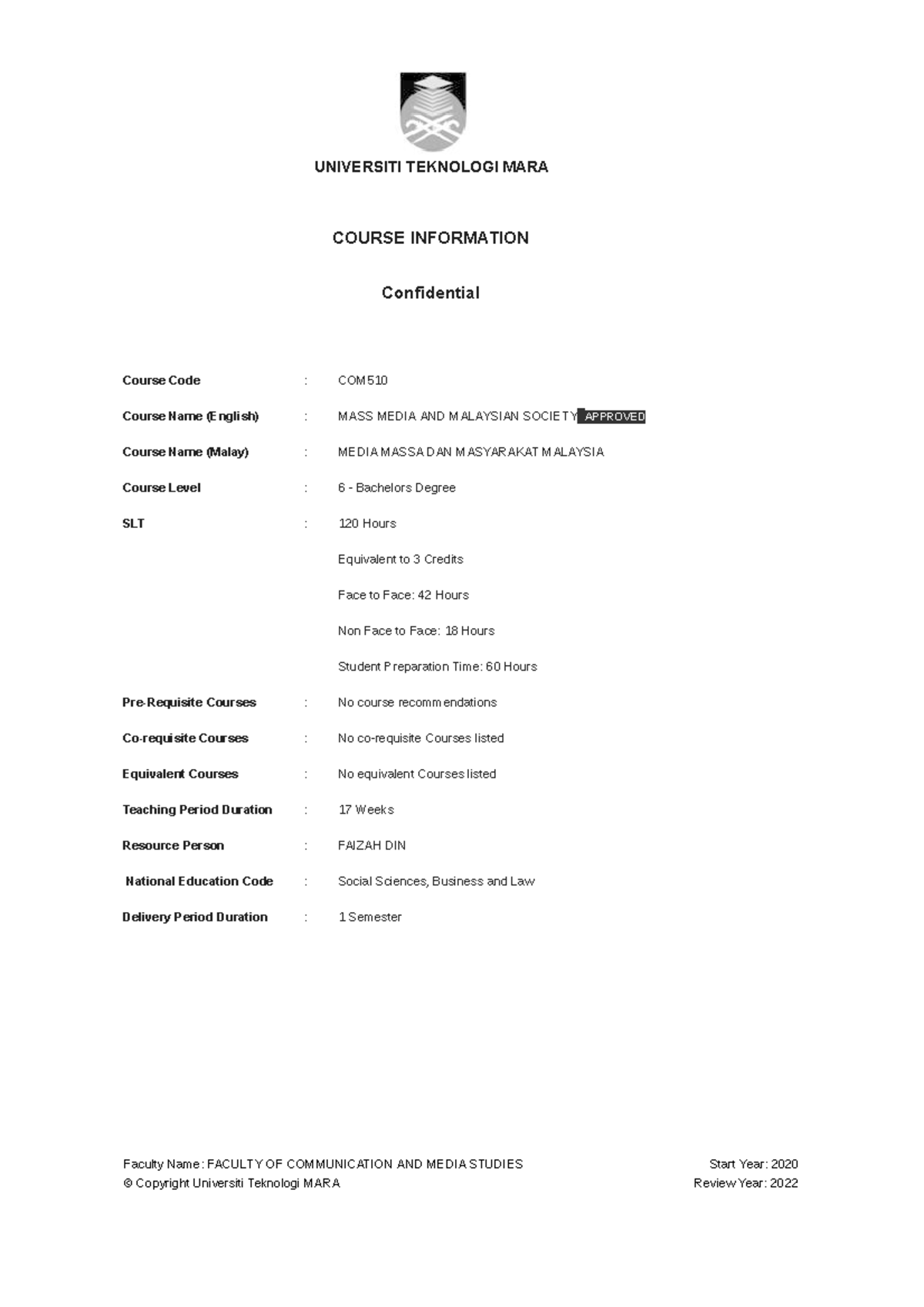 Syllabus MASS Media AND Malaysian Society - UNIVERSITI TEKNOLOGI MARA ...