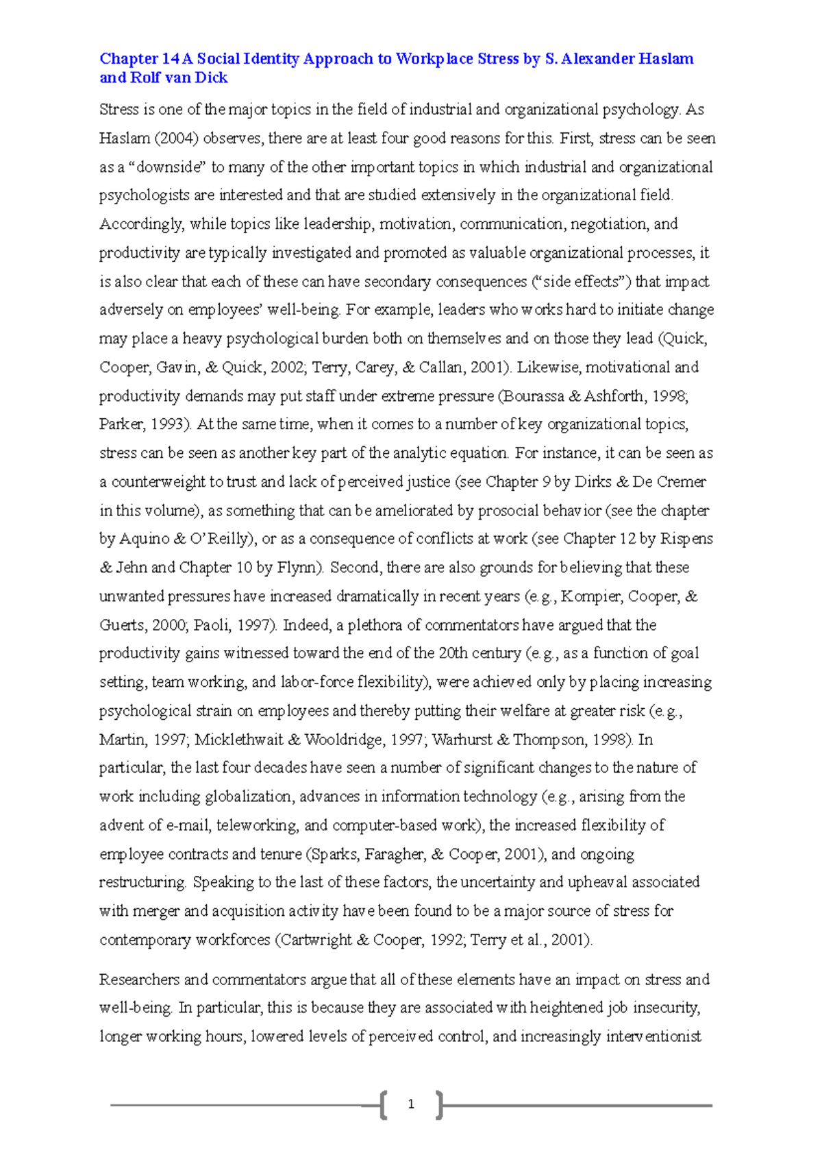 Chapter 14 A Social Identity Approach to Workplace Stress by S ...