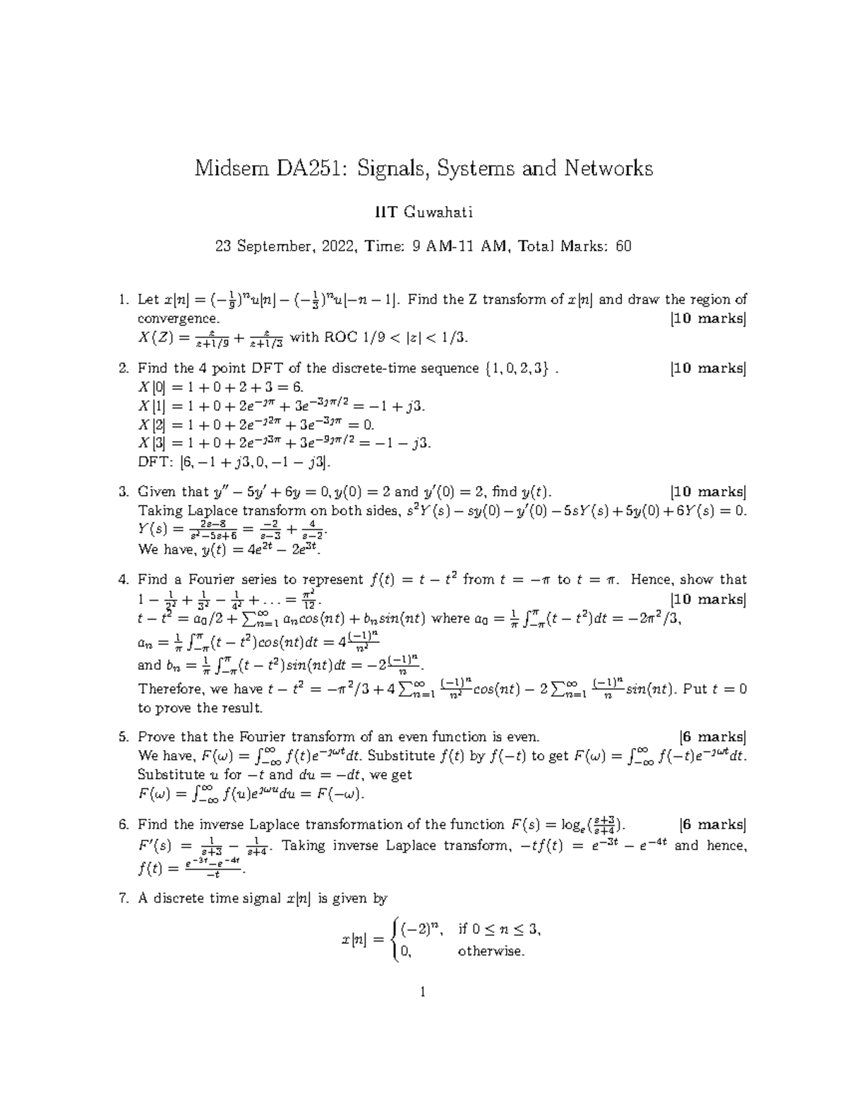 Midsem Solution - Midsem DA251: Signals, Systems and Networks IIT Guwahati 23 September, 2022 ...