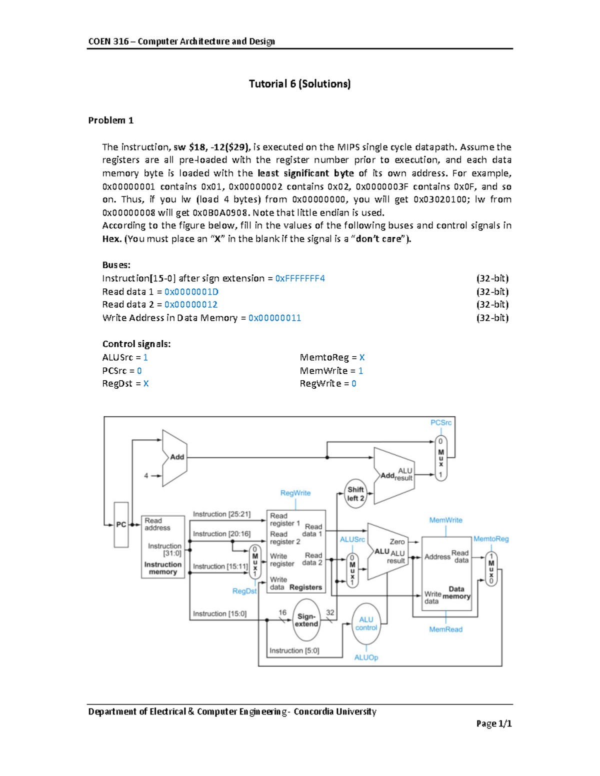 Coen316-TW6 sol - COEN 316 – Computer Architecture and Design ...