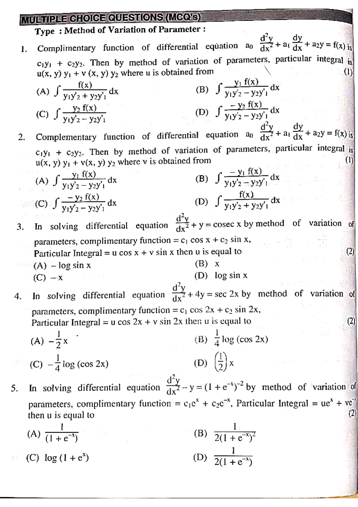 LDE MCQs from Nirali Publication - ####### DTBEGHESIEGNS Type Method ofVariation ofParameter : d ...