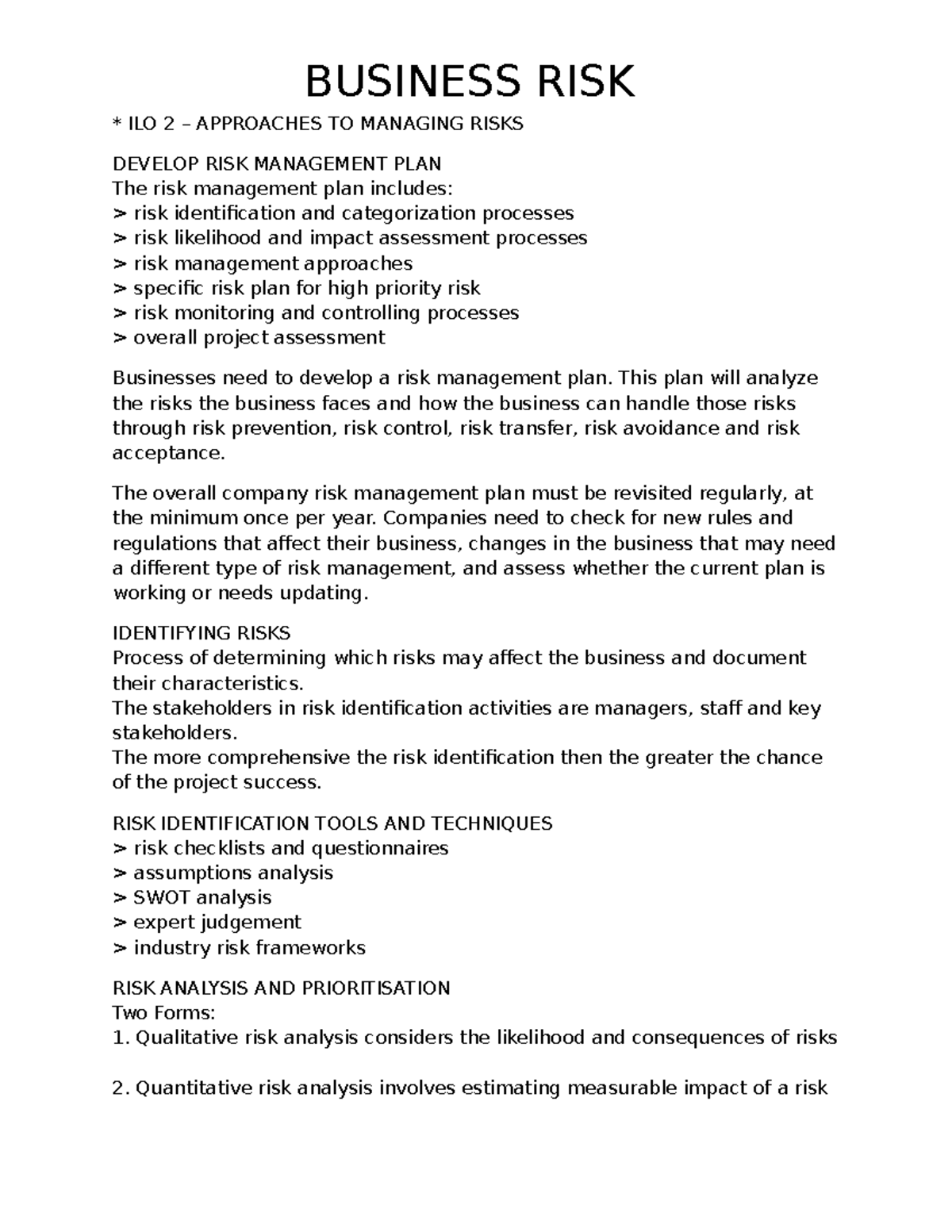 Business Risk - BUSINESS RISK * ILO 2 – APPROACHES TO MANAGING RISKS ...