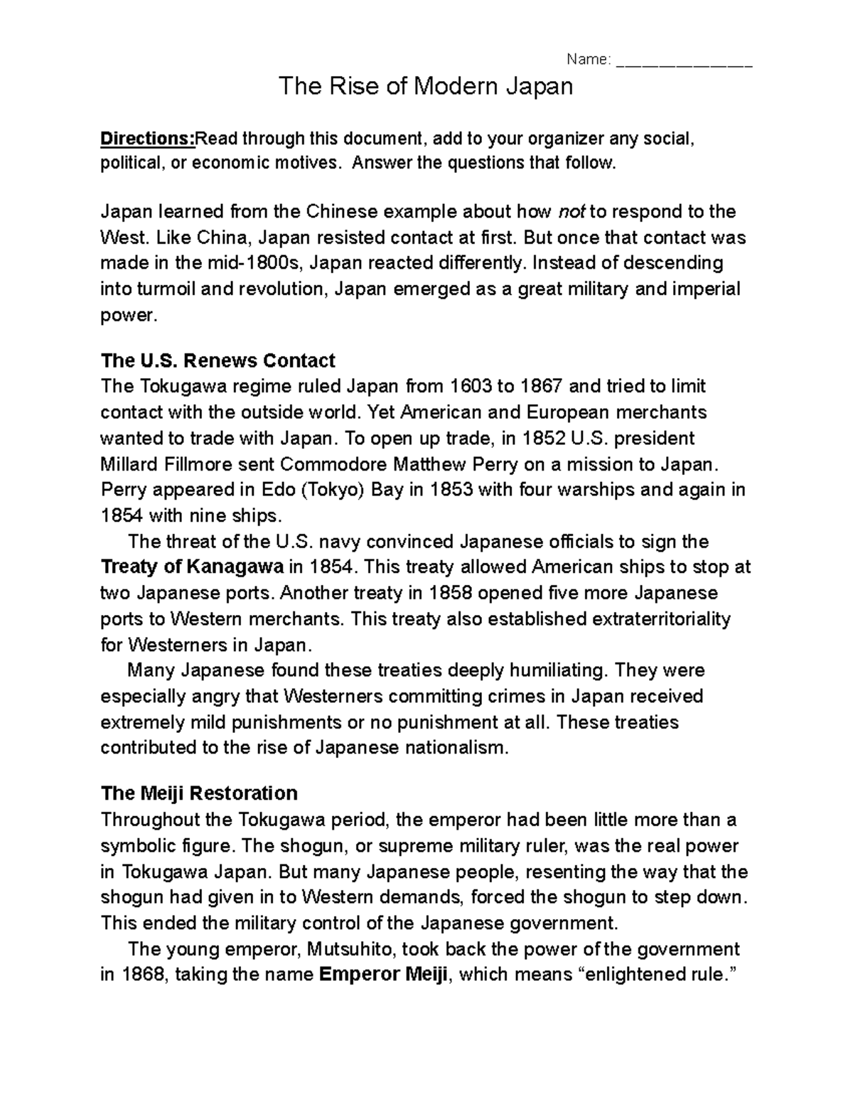 - The Rise of Modern Japan - Name: ________________ The Rise of Modern ...