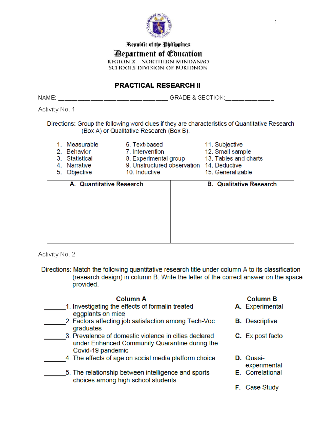 Activity Sheets - PRACTICAL RESEARCH II NAME: __________________________________ GRADE & - Studocu