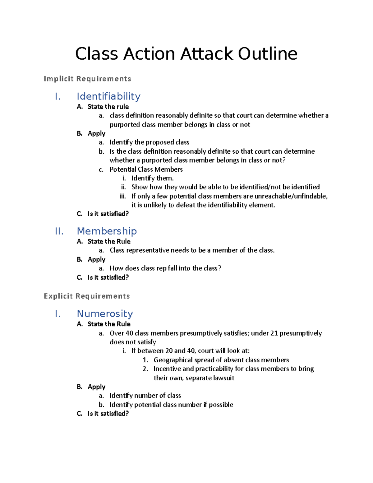 Class Action Attack Outline - Class Action Attack Outline Implicit Requirements I ...